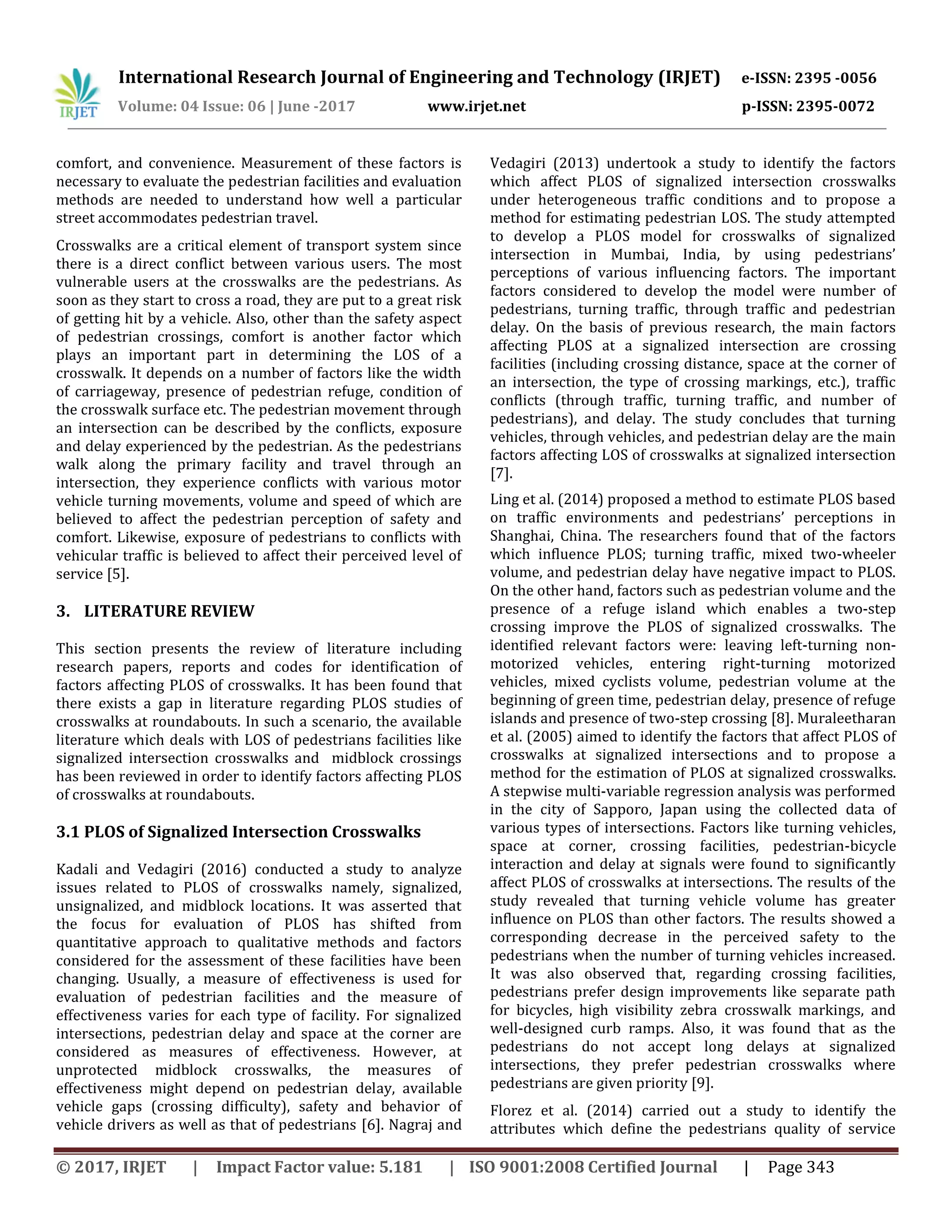 Identification of Factors Affecting Pedestrian Level of Service of Crosswalks at Roundabouts | PDF