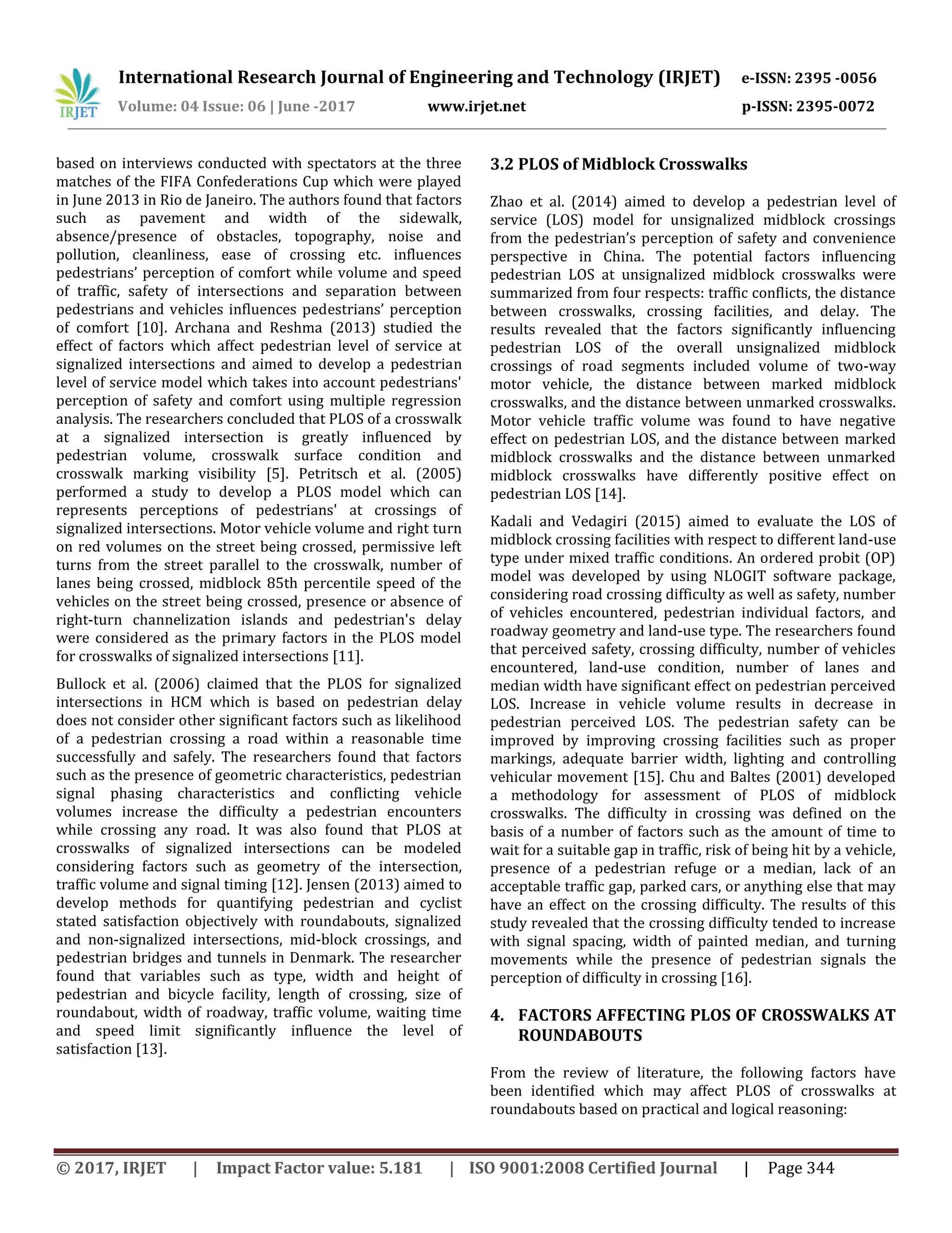 Identification of Factors Affecting Pedestrian Level of Service of Crosswalks at Roundabouts | PDF
