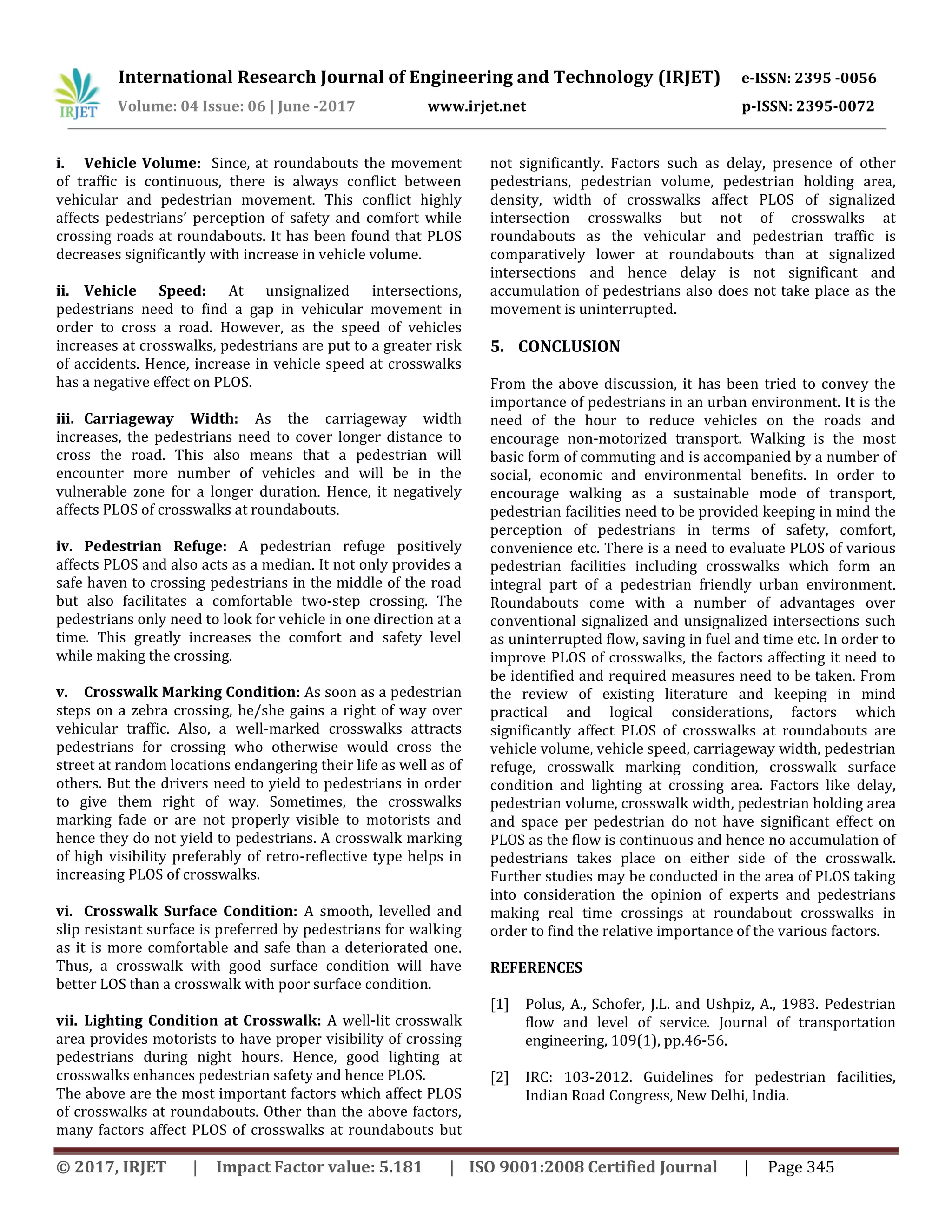 Identification of Factors Affecting Pedestrian Level of Service of Crosswalks at Roundabouts | PDF