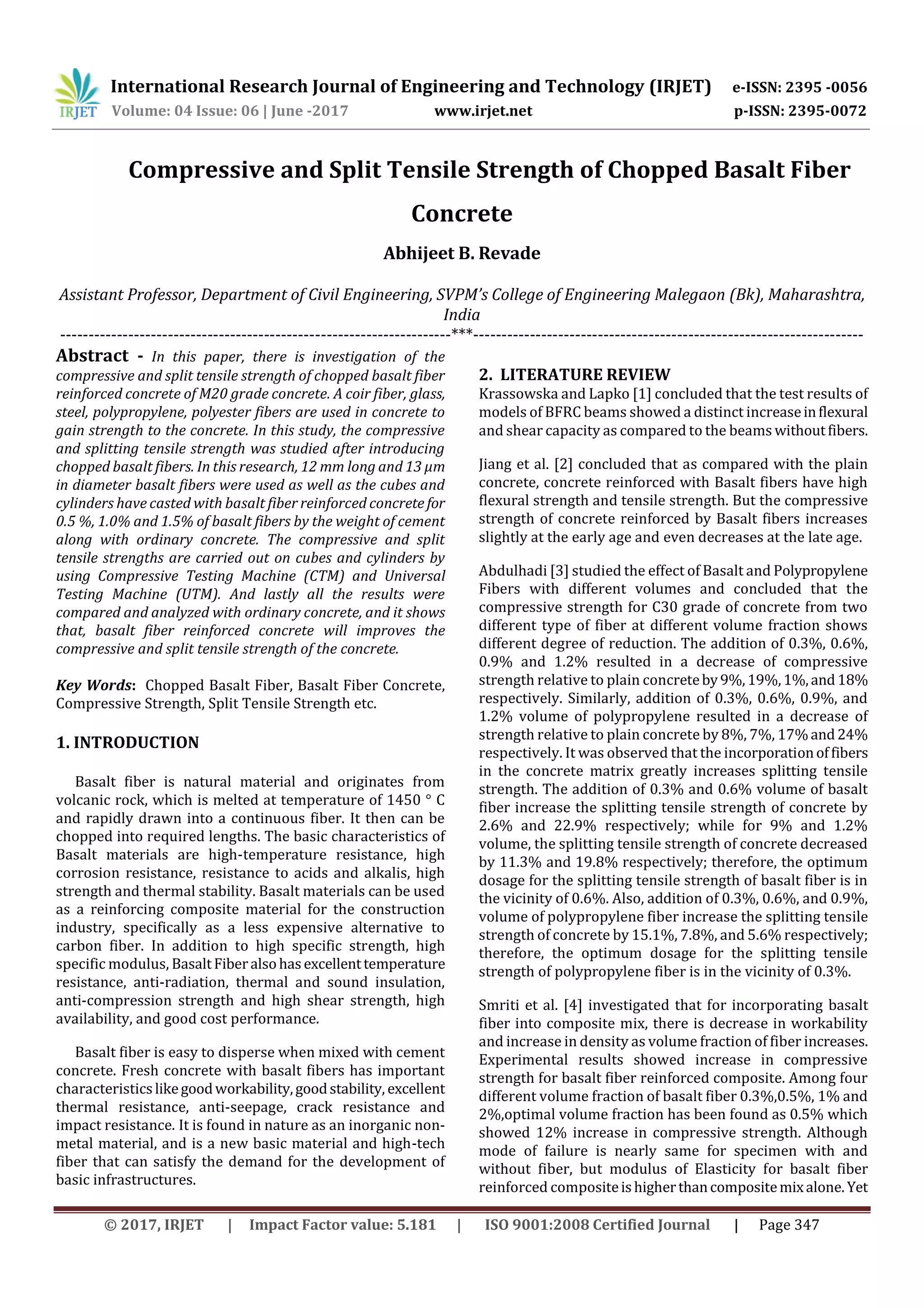 Compressive and Split Tensile Strength of Chopped Basalt Fiber Concrete ...