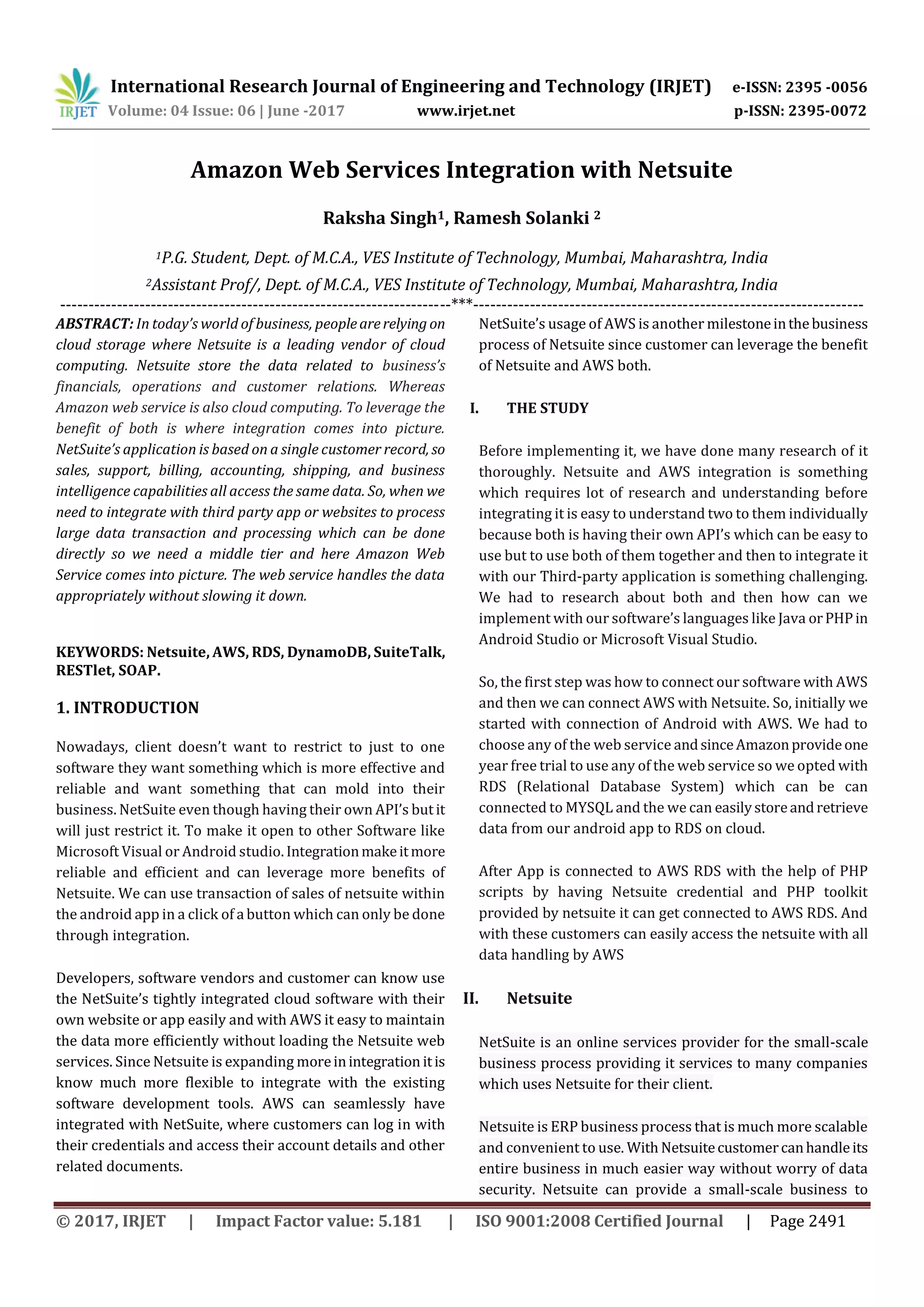 Amazon Web Services Integration with Netsuite | PDF