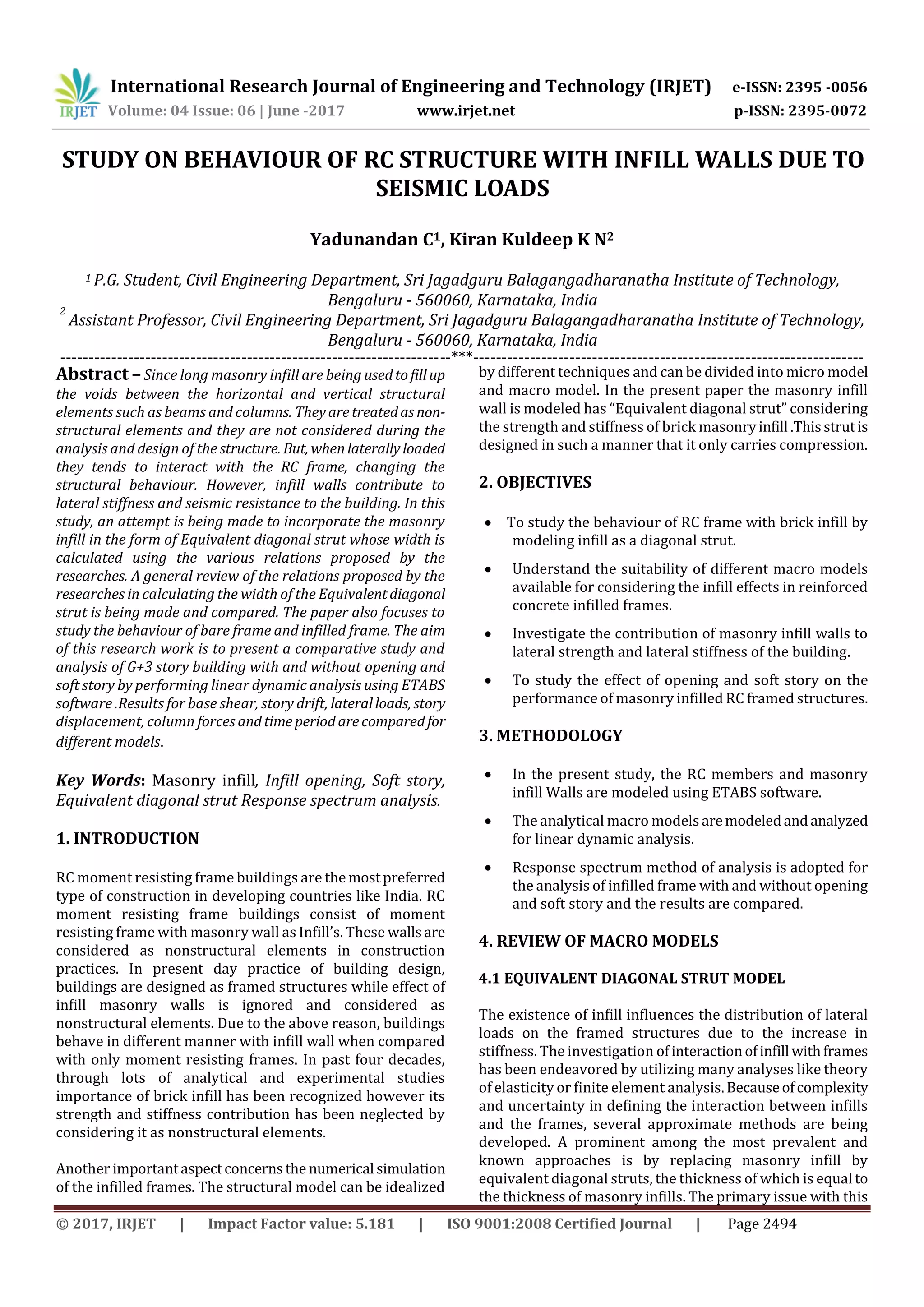 Study on Behaviour of Rc Structure with Infill Walls Due to Seismic Loads | PDF