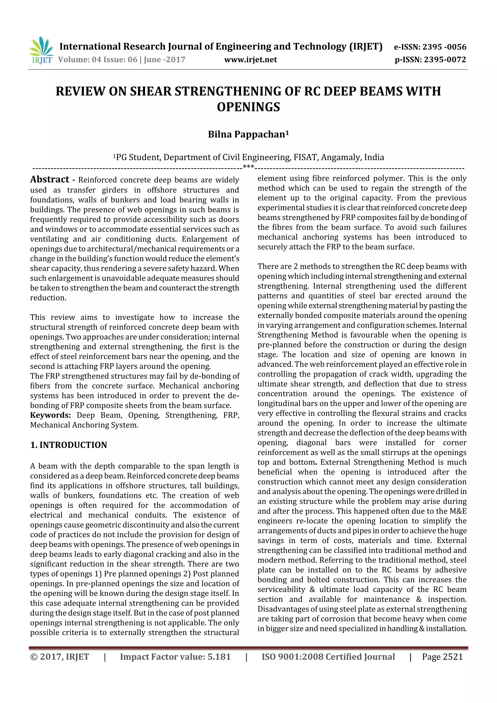 Review on Shear Strengthening of Rc Deep Beams with Openings | PDF