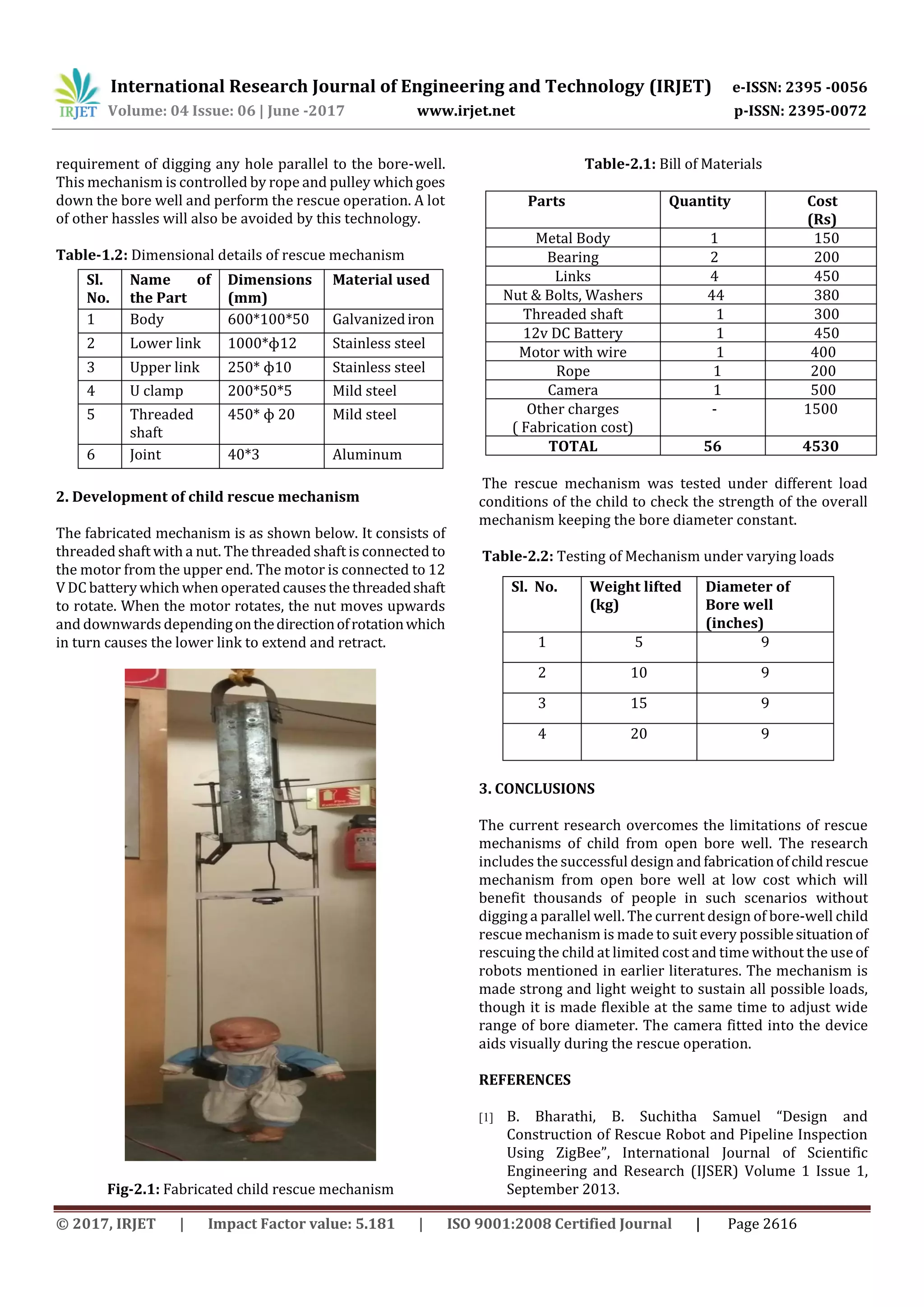 Design and Development of Child Rescue Mechanism from Open Bore Well | PDF