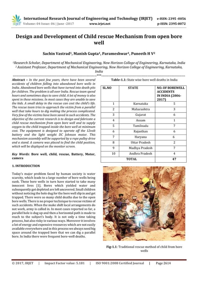 Design and Development of Child Rescue Mechanism from Open Bore Well | PDF