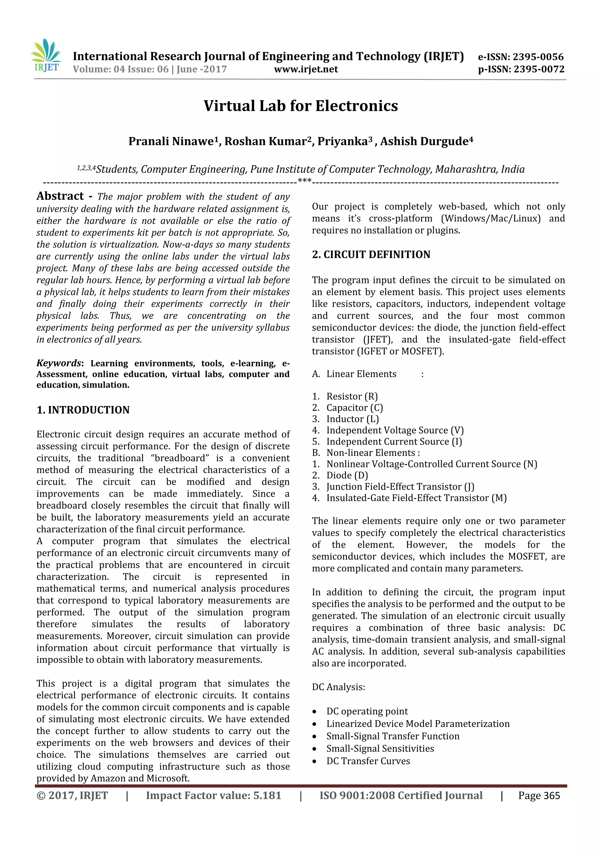 Virtual Lab for Electronics | PDF