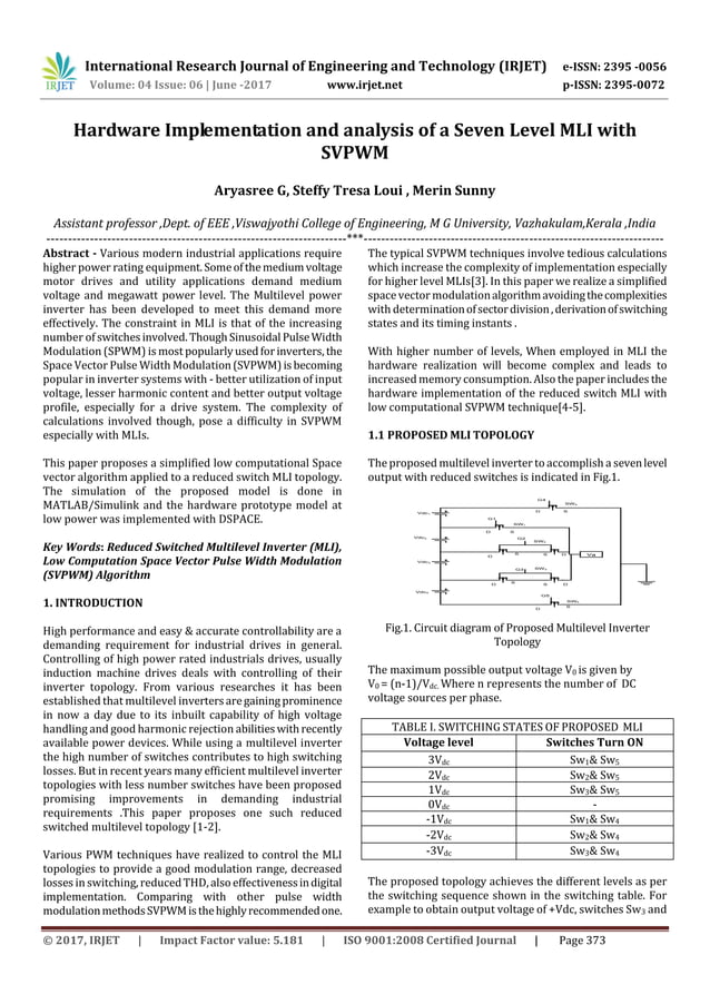 Hardware Implementation and analysis of a Seven Level MLI with SVPWM | PDF