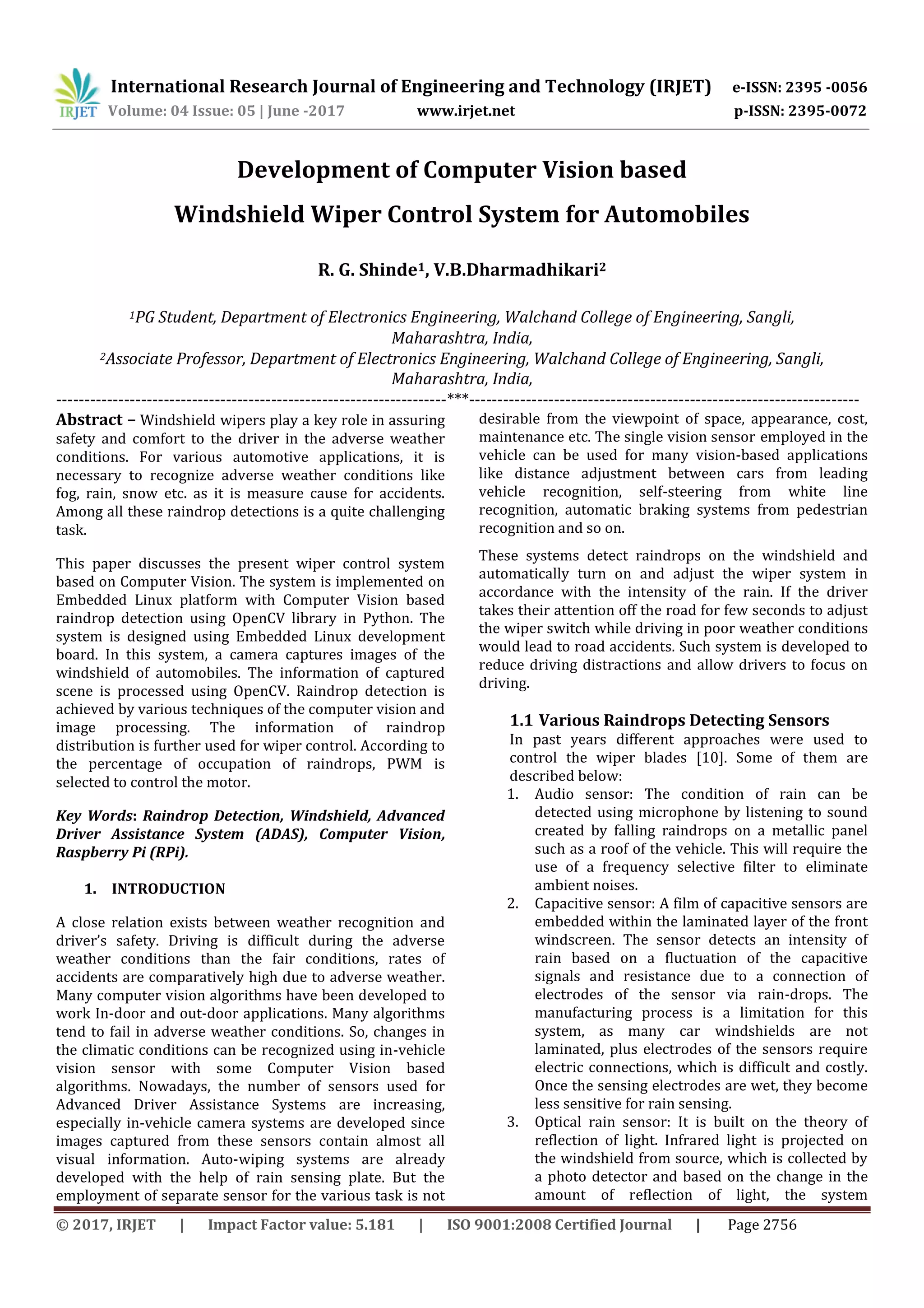 Development of Computer Vision based Windshield Wiper Control System ...