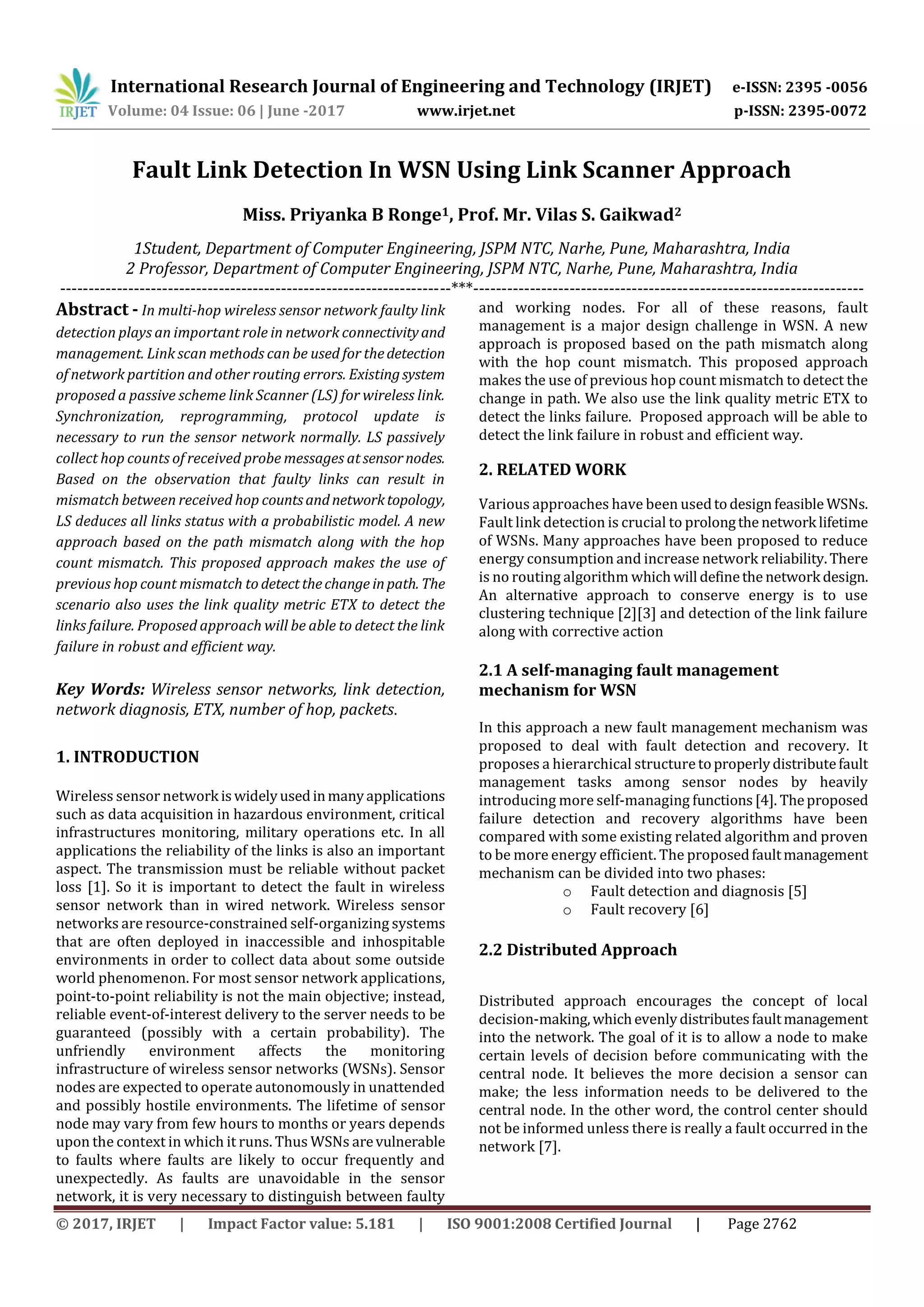 Fault Link Detection in WSN using Link Scanner Approach | PDF