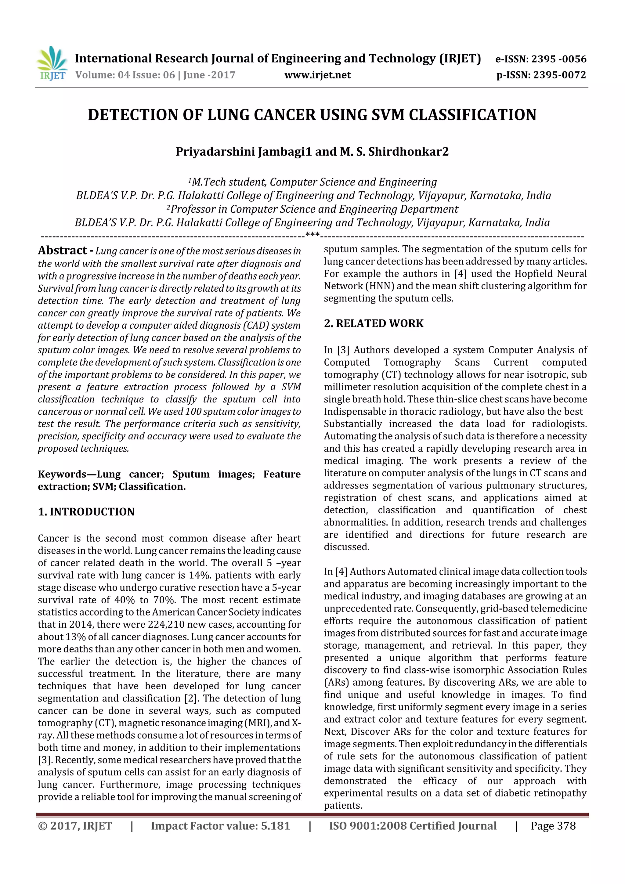 Detection Of Lung Cancer Using Svm Classification Pdf