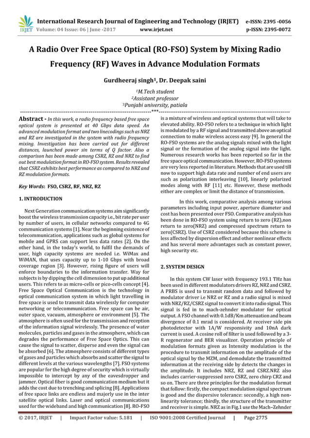 A Radio Over Free Space Optical (RO-FSO) System by Mixing Radio ...