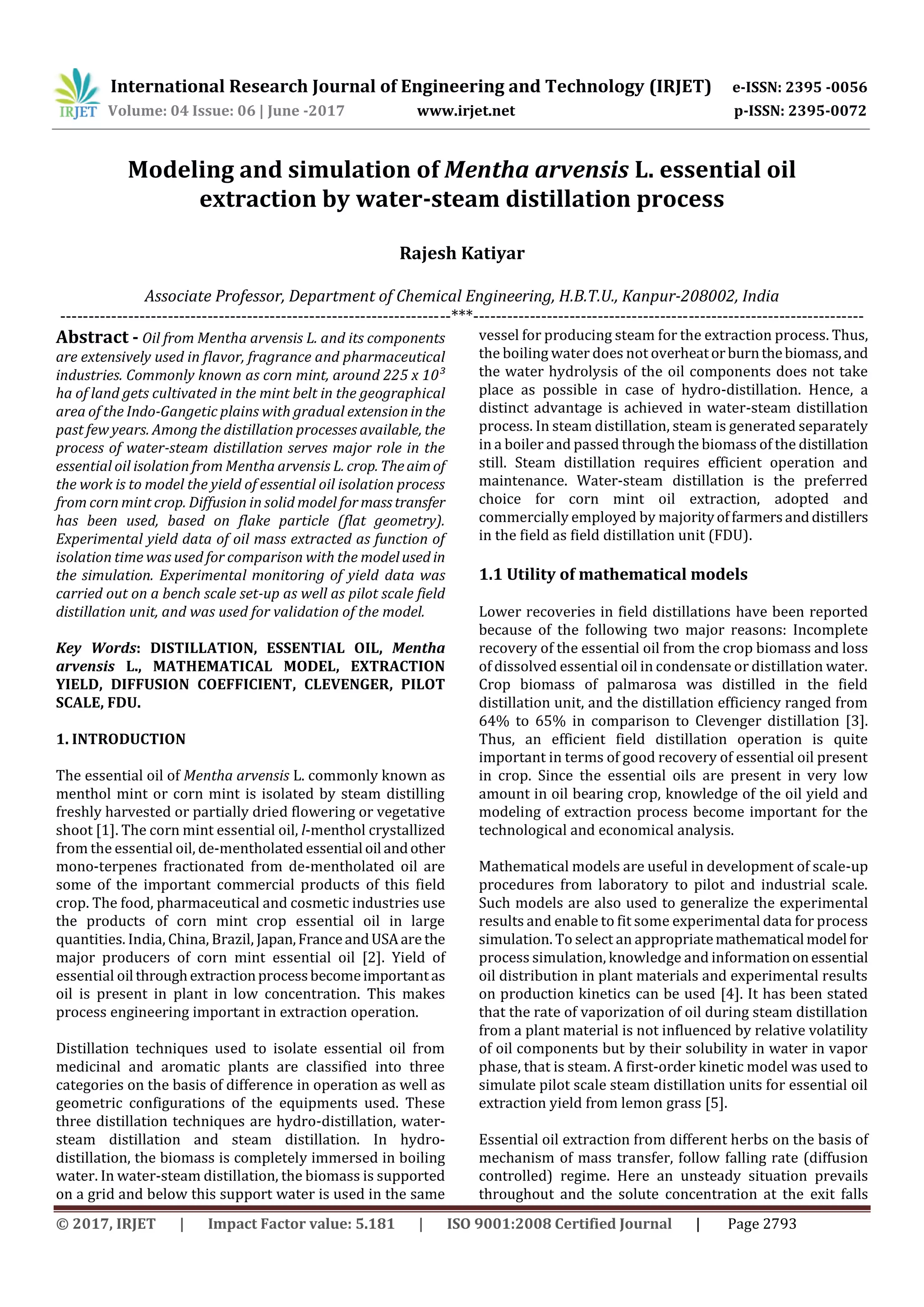 Modeling and Simulation of Mentha Arvensis L. Essential Oil Extraction ...