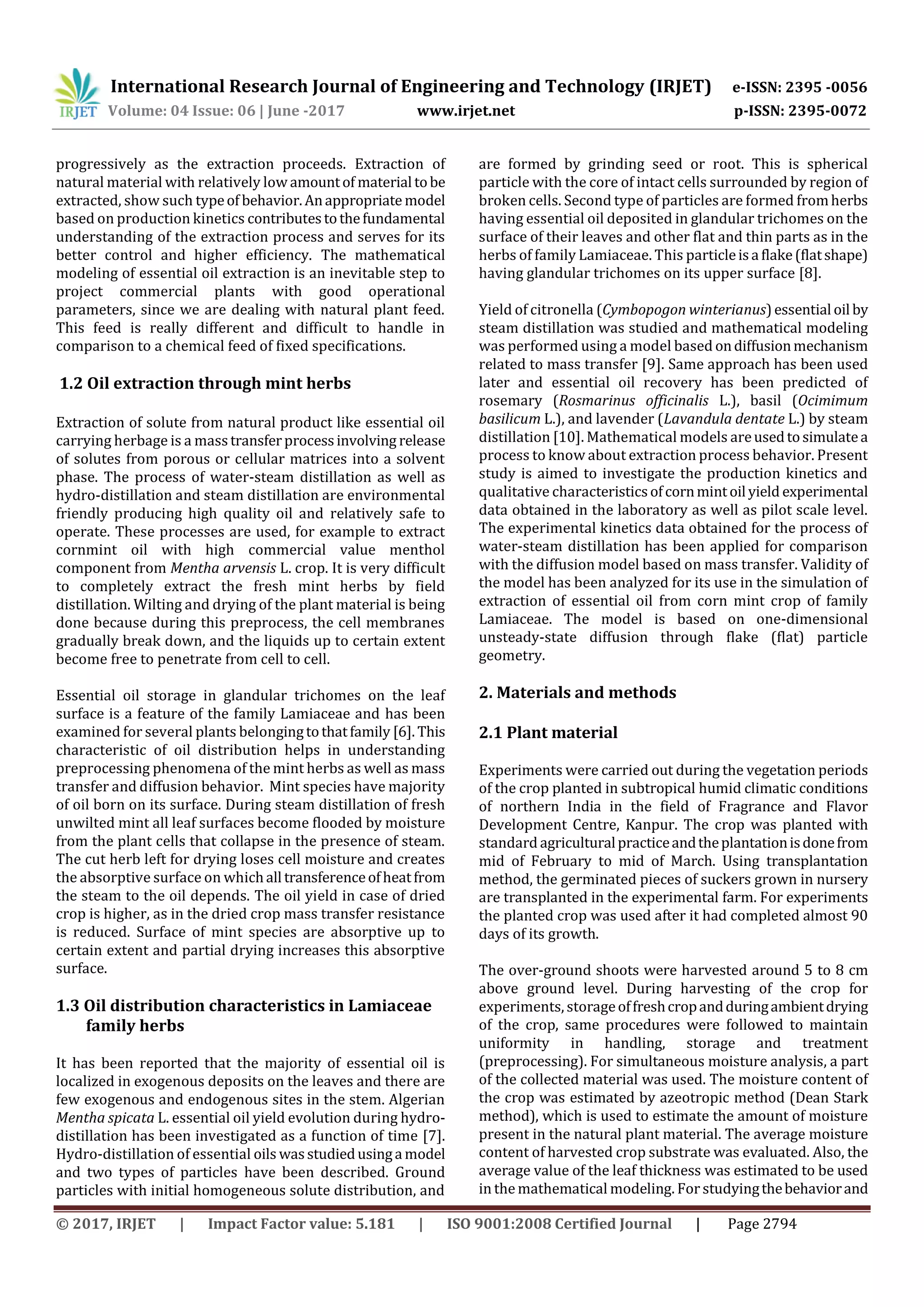 Modeling and Simulation of Mentha Arvensis L. Essential Oil Extraction by Water-Steam ...