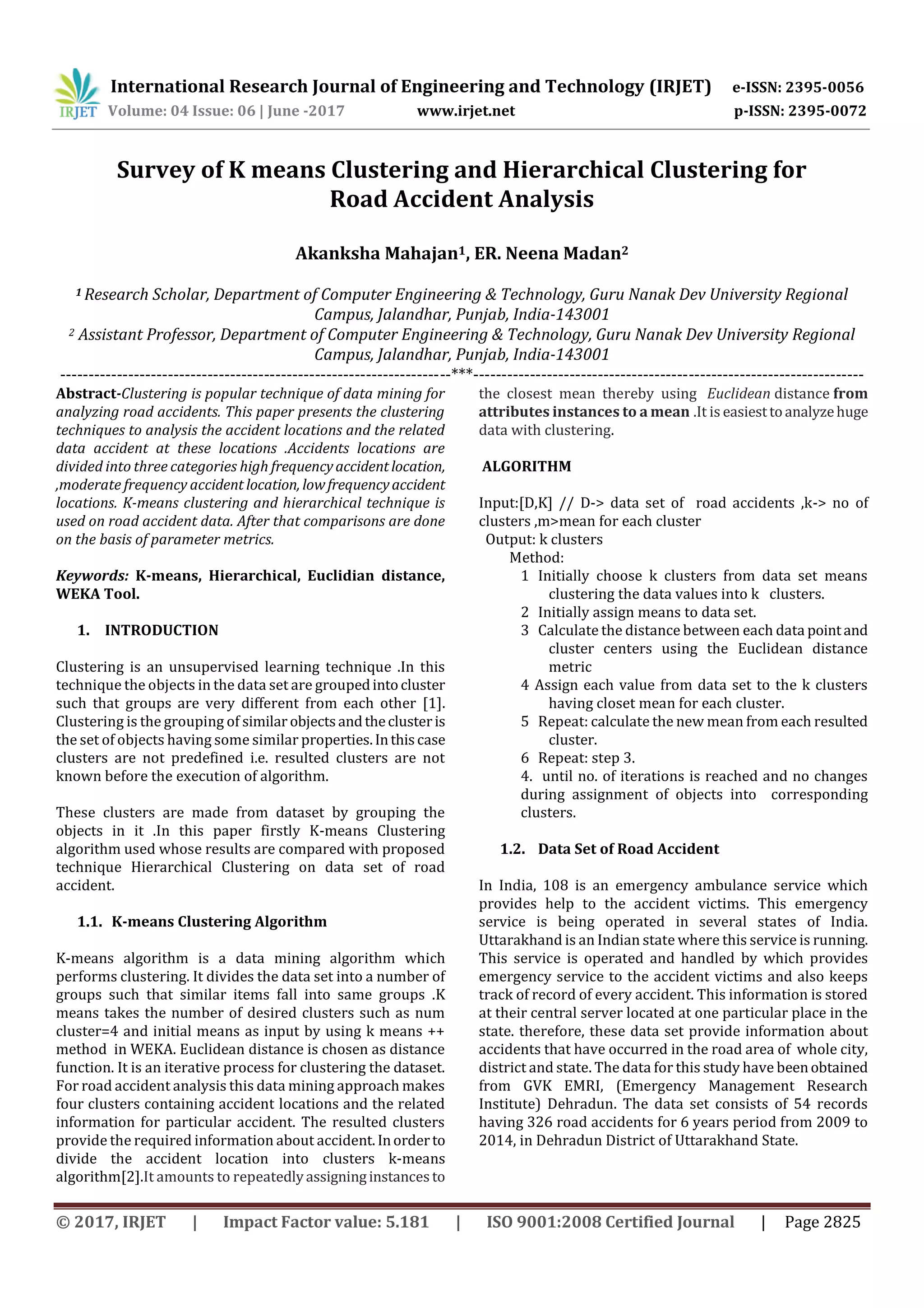 Survey of K means Clustering and Hierarchical Clustering for Road Accident Analysis | PDF