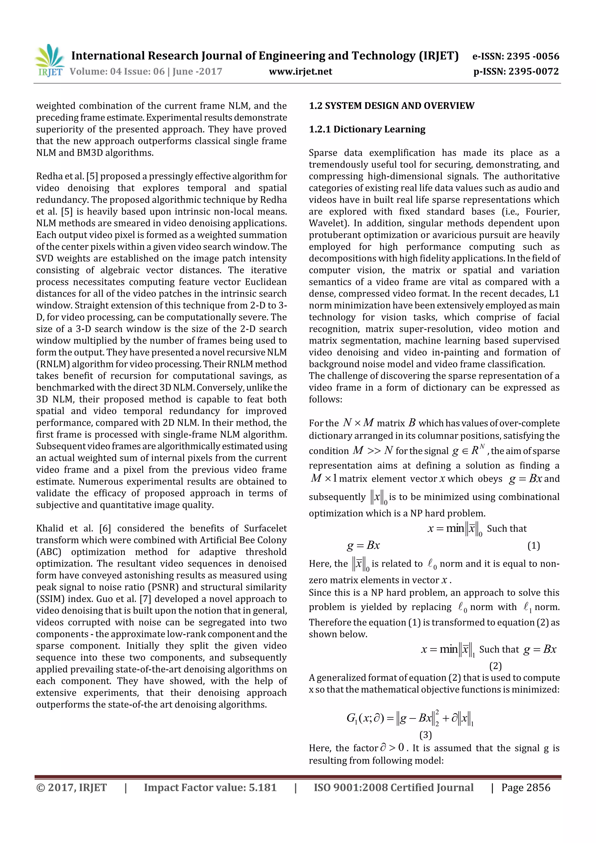 Video Denoising using Transform Domain Method | PDF
