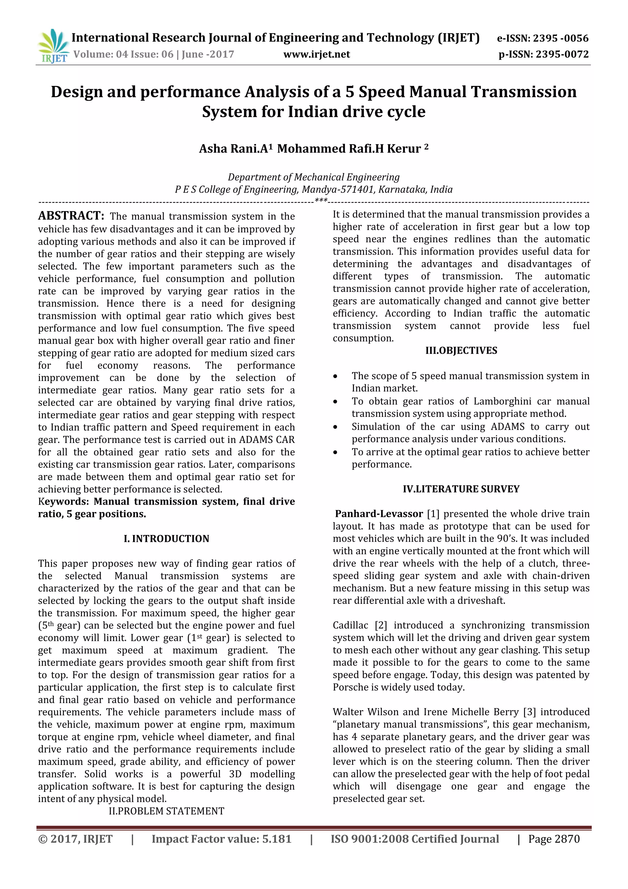 Design and performance Analysis of a 5 Speed Manual Transmission System ...