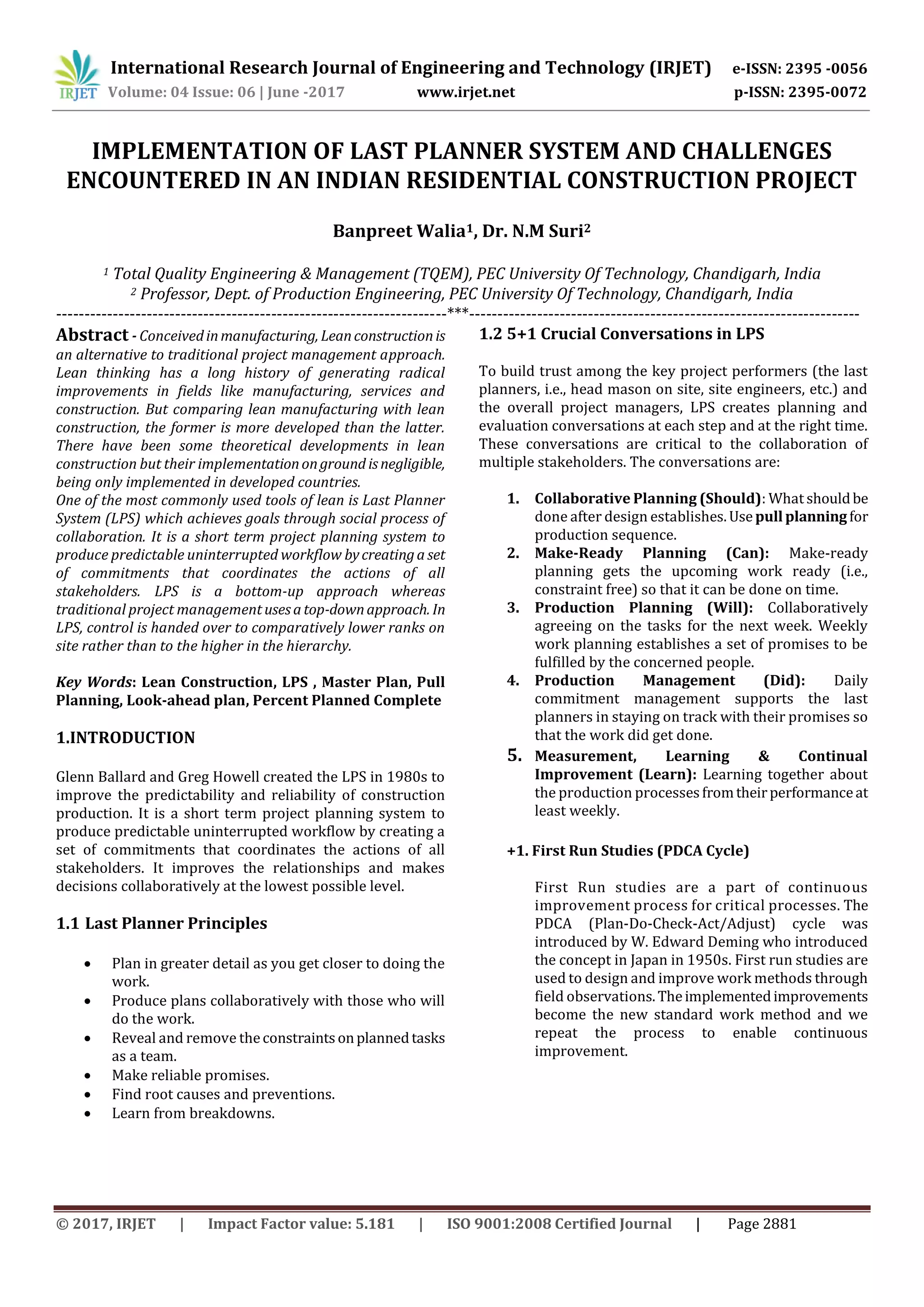 Implementation of Last Planner System and Challenges Encountered in an Indian Residential ...