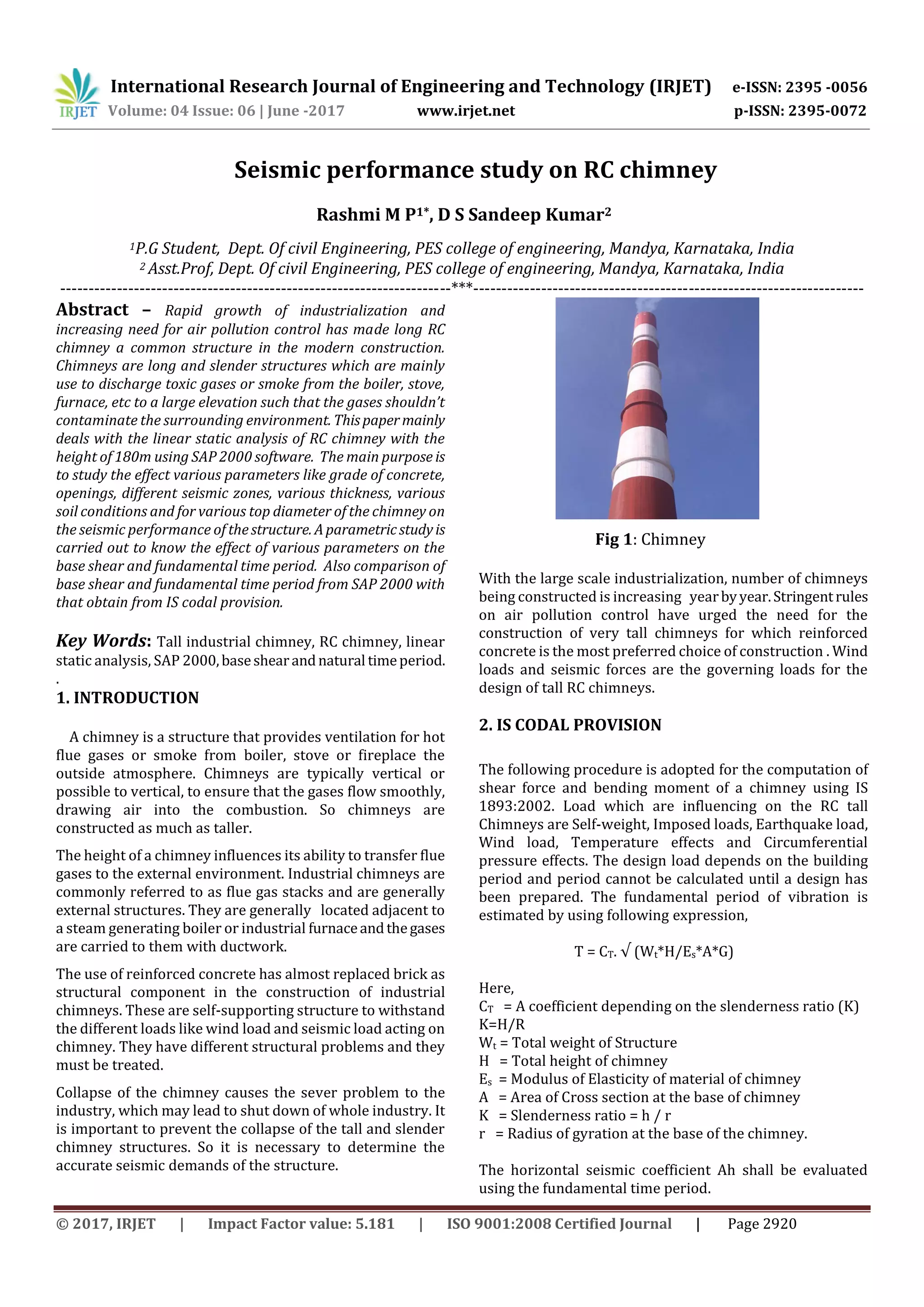Seismic Performance Study on RC Chimney | PDF