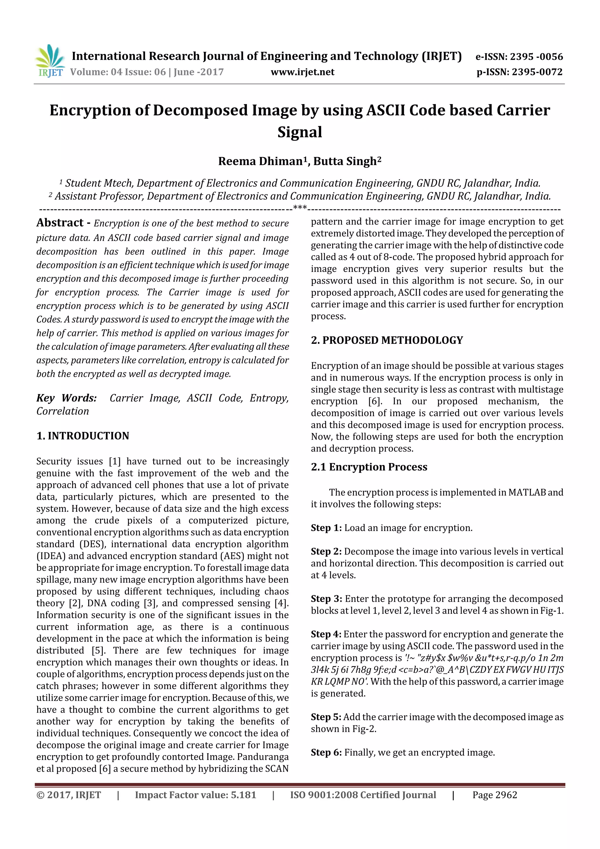 Encryption of Decomposed Image by using ASCII Code based Carrier Signal | PDF