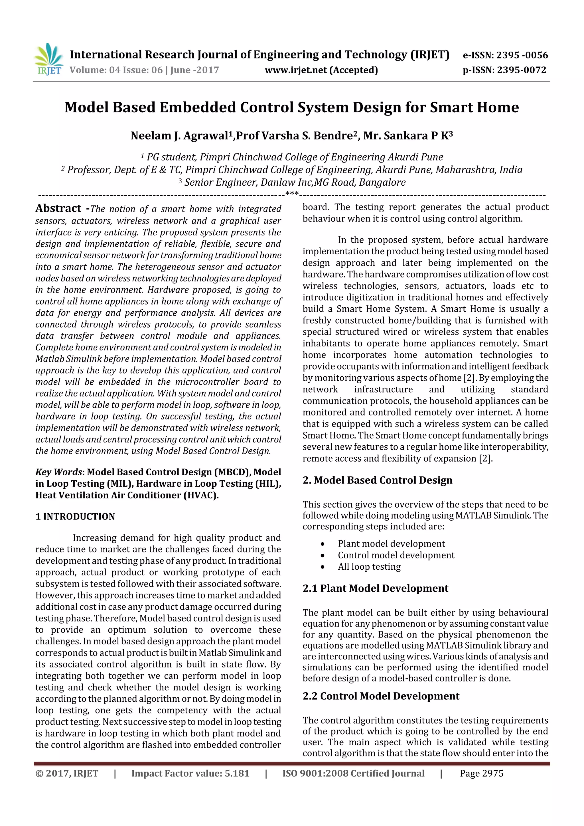 Model Based Embedded Control System Design for Smart Home | PDF