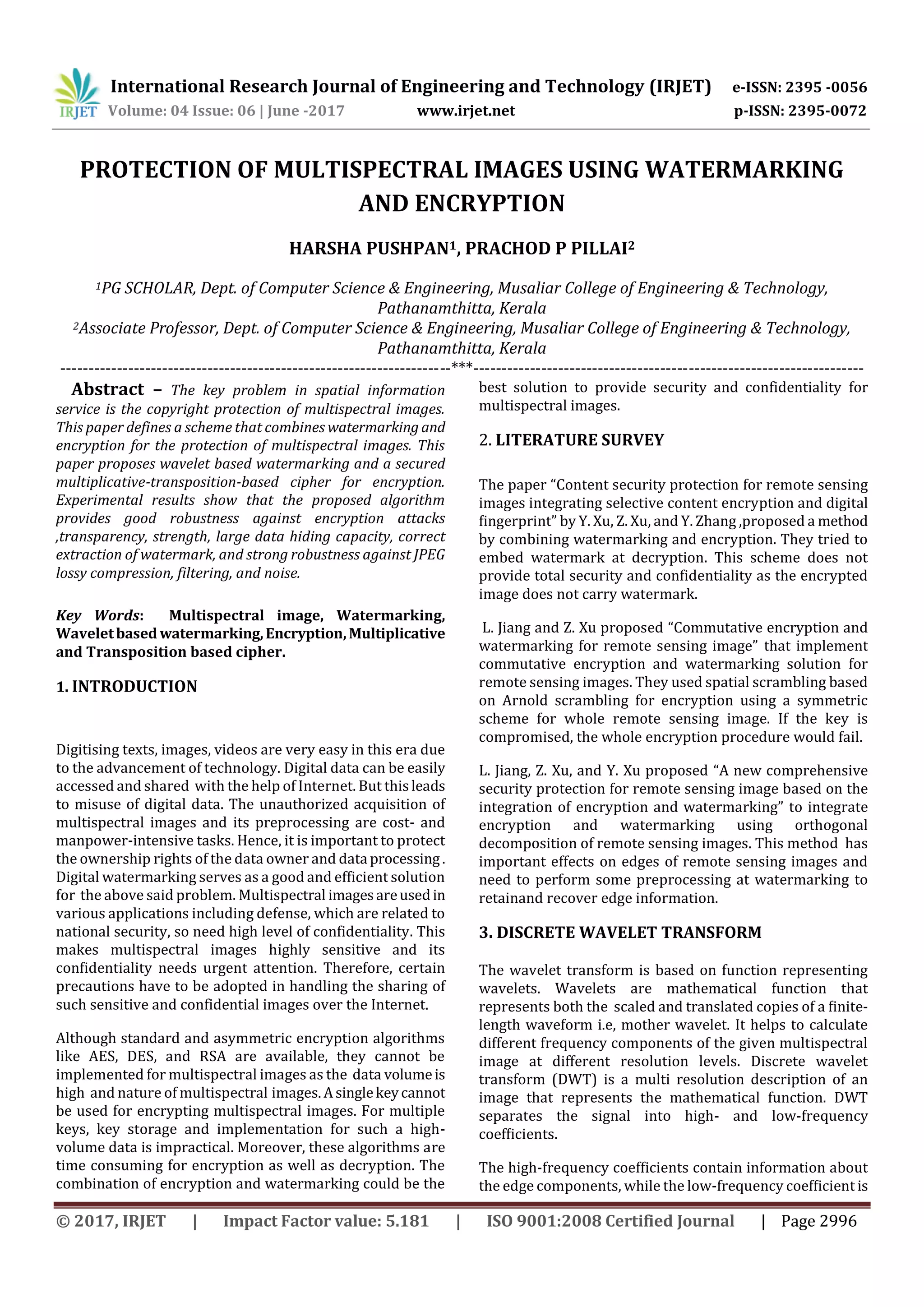Protection of Multispectral Images using Watermarking and Encryption | PDF | Internet | Computing