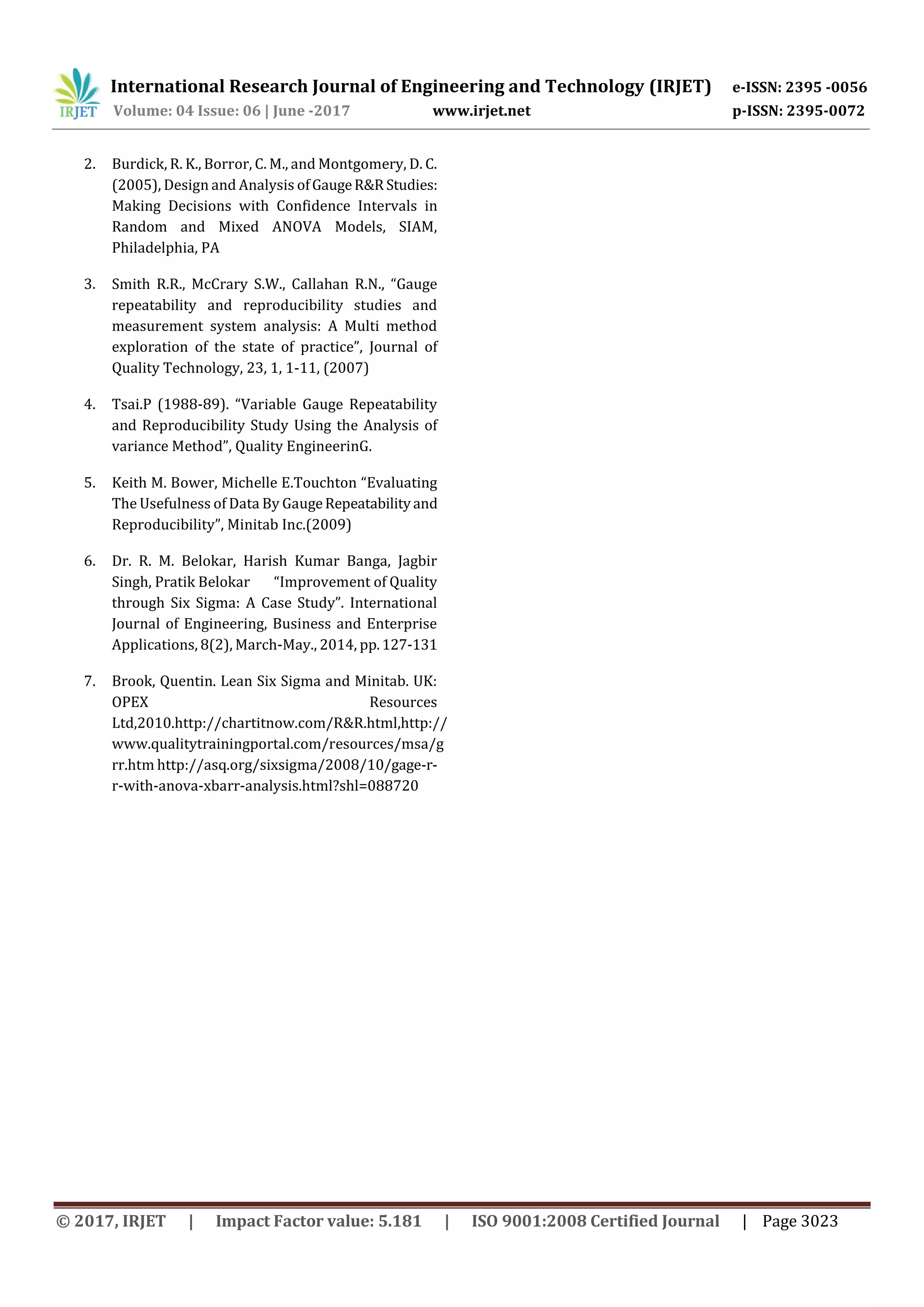 Quality Improvement Using Gr&R : A Case Study | PDF