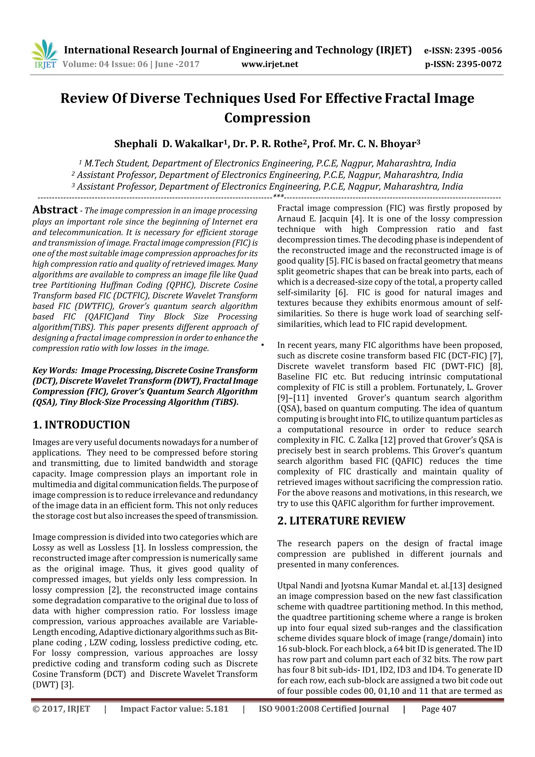 Review of Diverse Techniques Used for Effective Fractal Image Compression | PDF