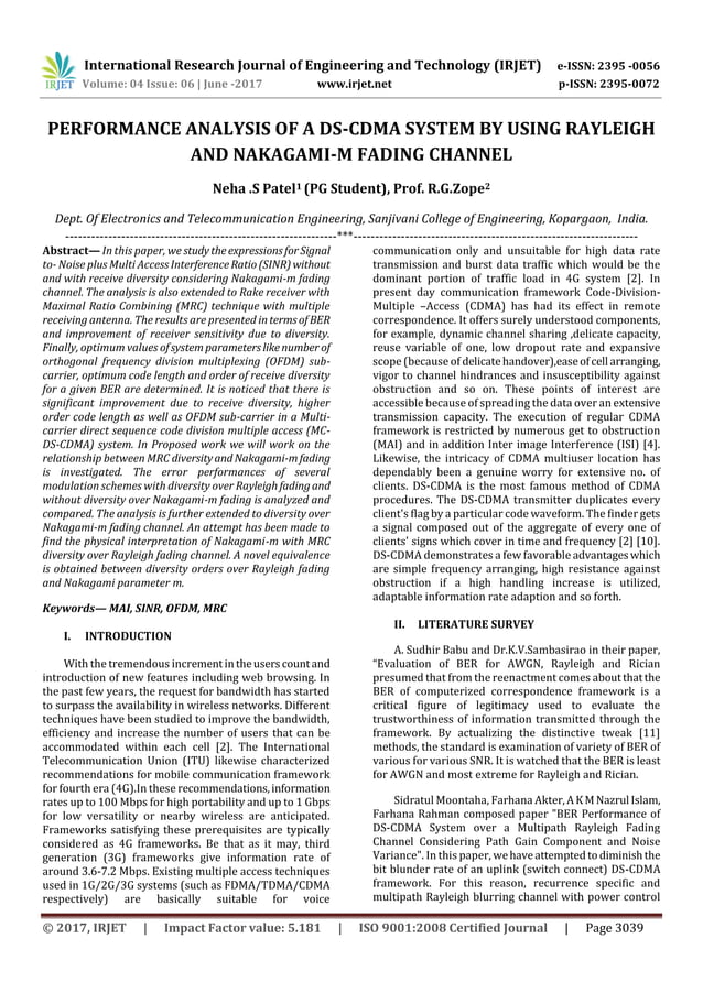 Performance Analysis of A Ds-Cdma System by using Rayleigh and Nakagami ...