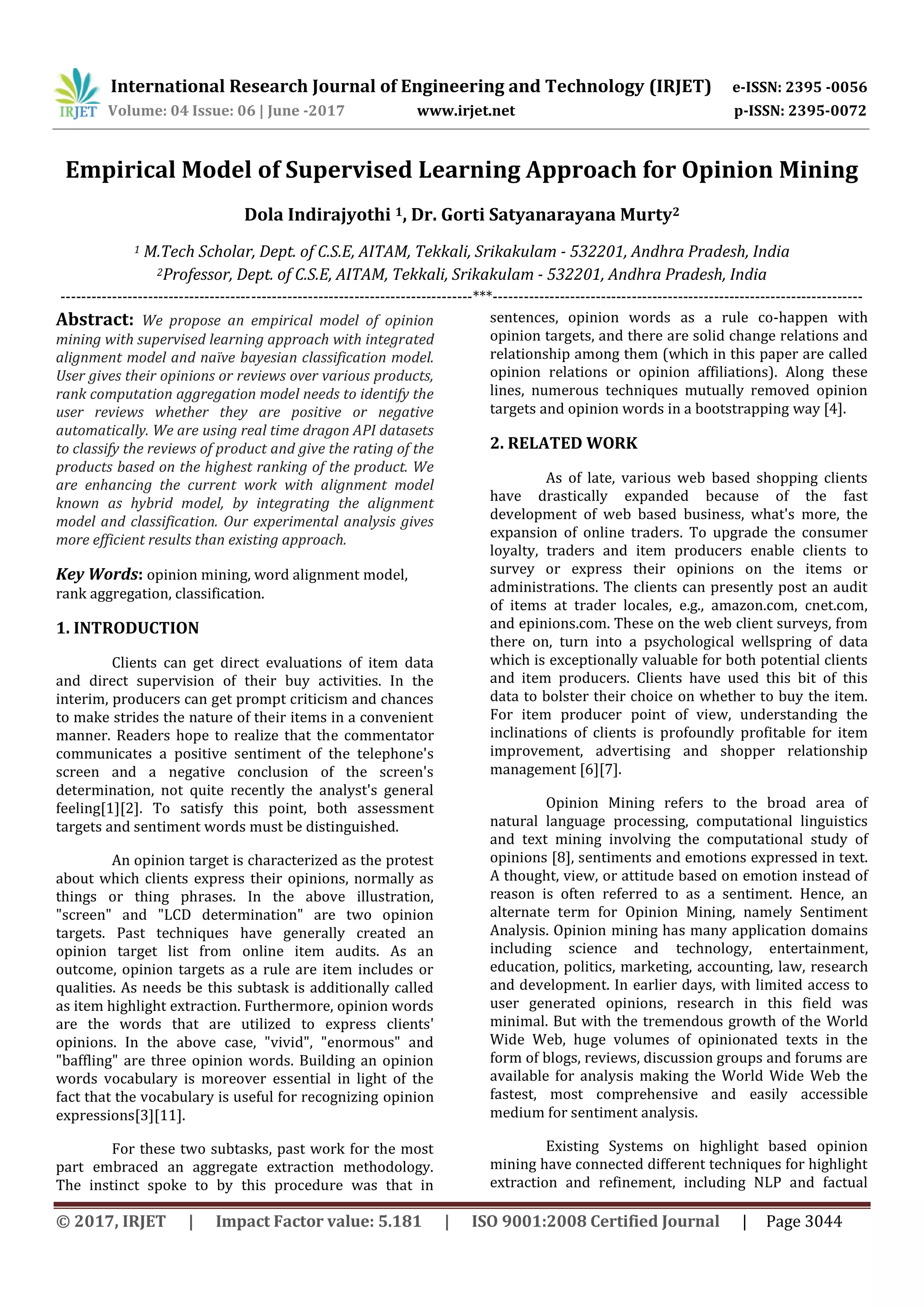 Empirical Model of Supervised Learning Approach for Opinion Mining | PDF
