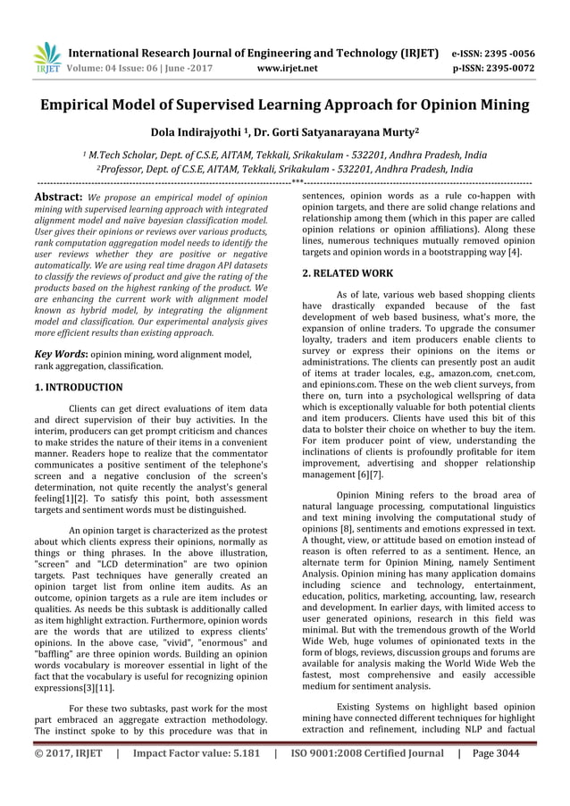Empirical Model of Supervised Learning Approach for Opinion Mining | PDF