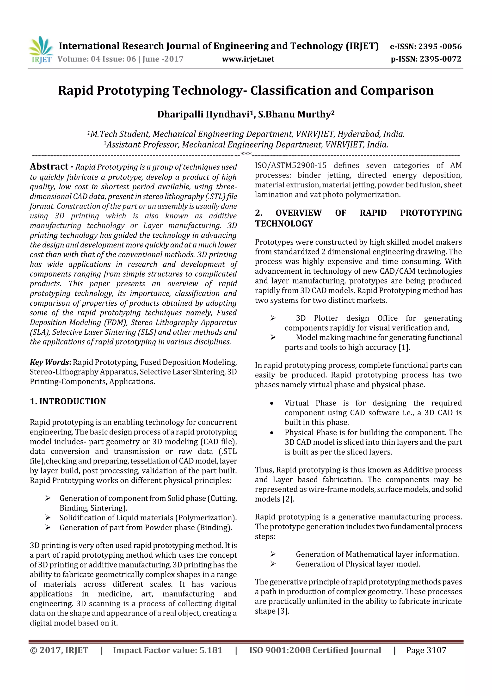Rapid Prototyping Technology- Classification and Comparison | PDF