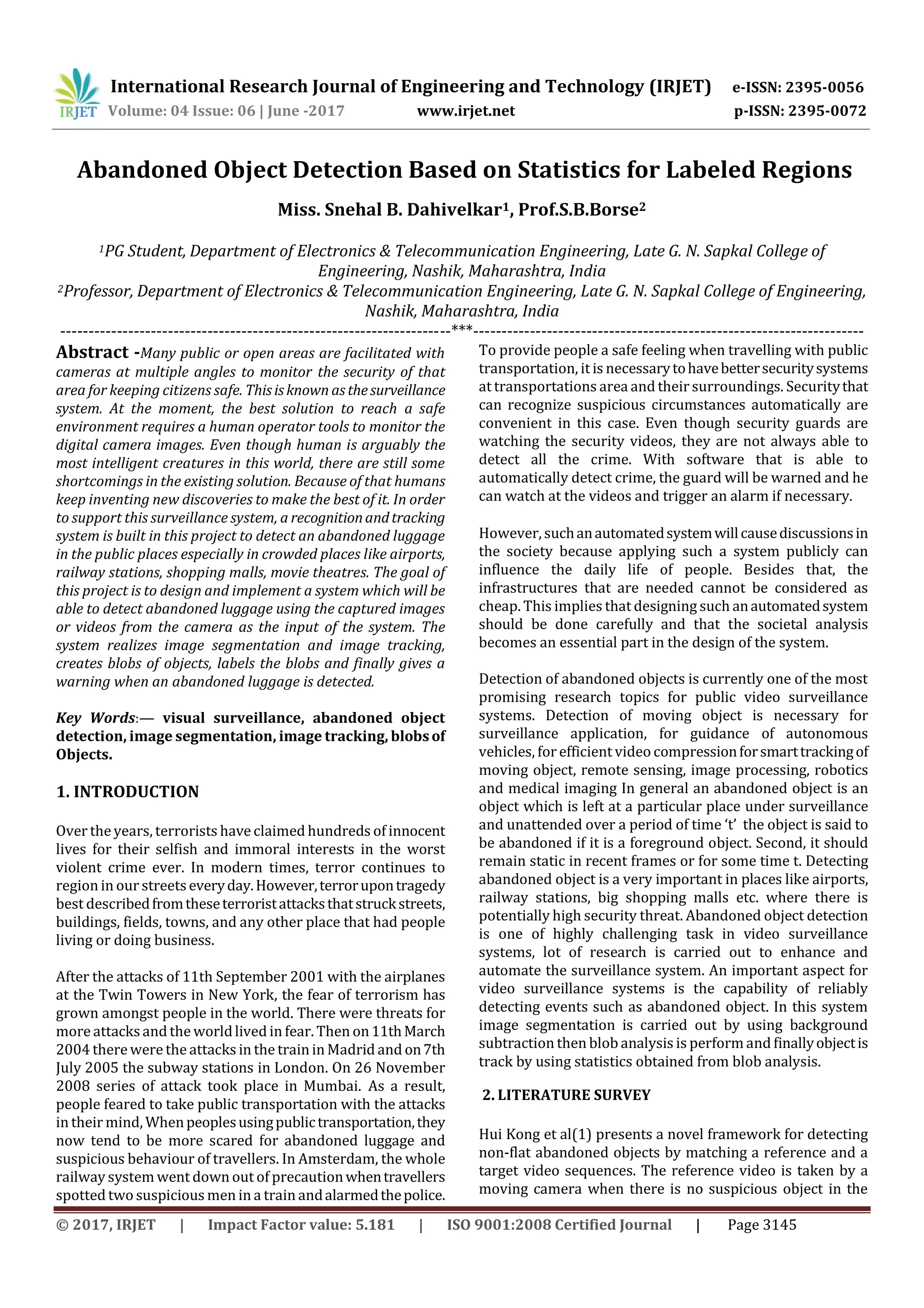 Abandoned Object Detection Based on Statistics for Labeled Regions | PDF