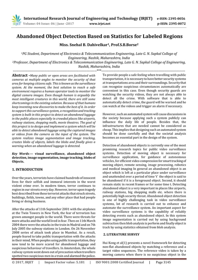 Abandoned Object Detection Based On Statistics For Labeled Regions Pdf