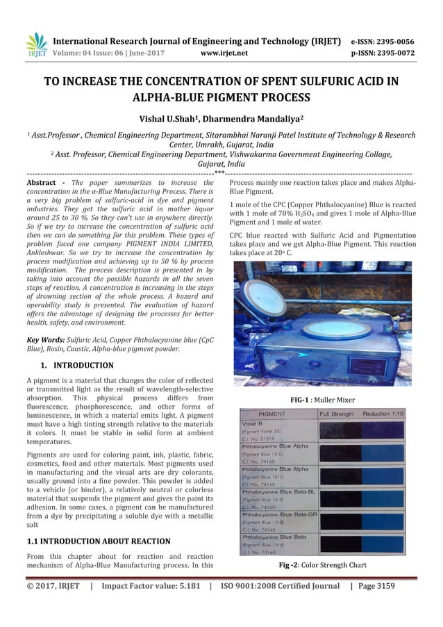 To Increase the Concentration of Spent Sulfuric Acid in Alpha-Blue Pigment Process | PDF