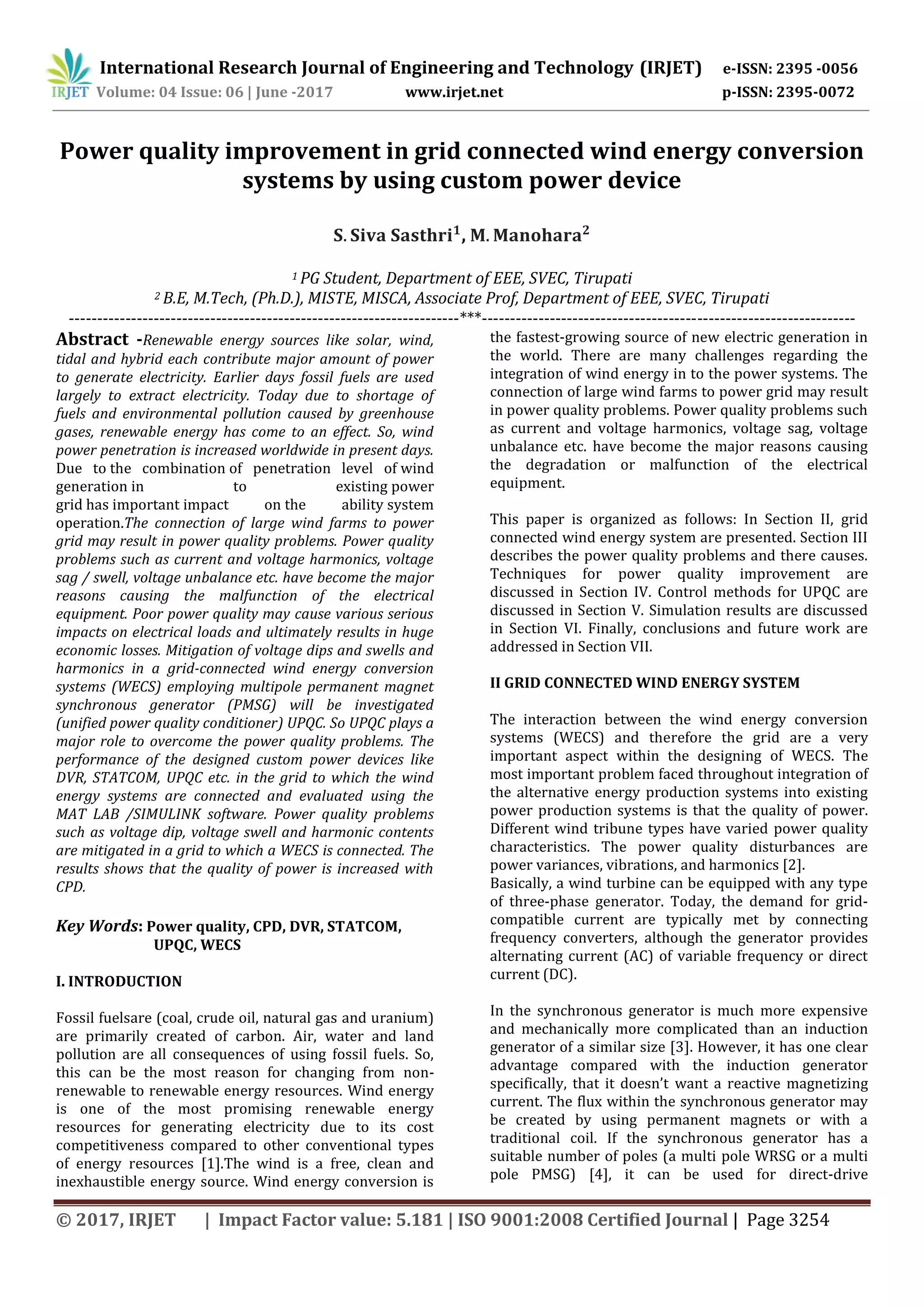 IRJET-Power Quality Improvement in Grid Connected Wind Energy Conversion Systems by Using Custom ...