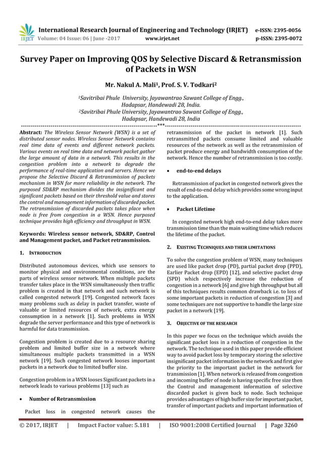 IRJET-Survey Paper on Improving QOS by Selective Discard & Retransmission of Packets in WSN ...