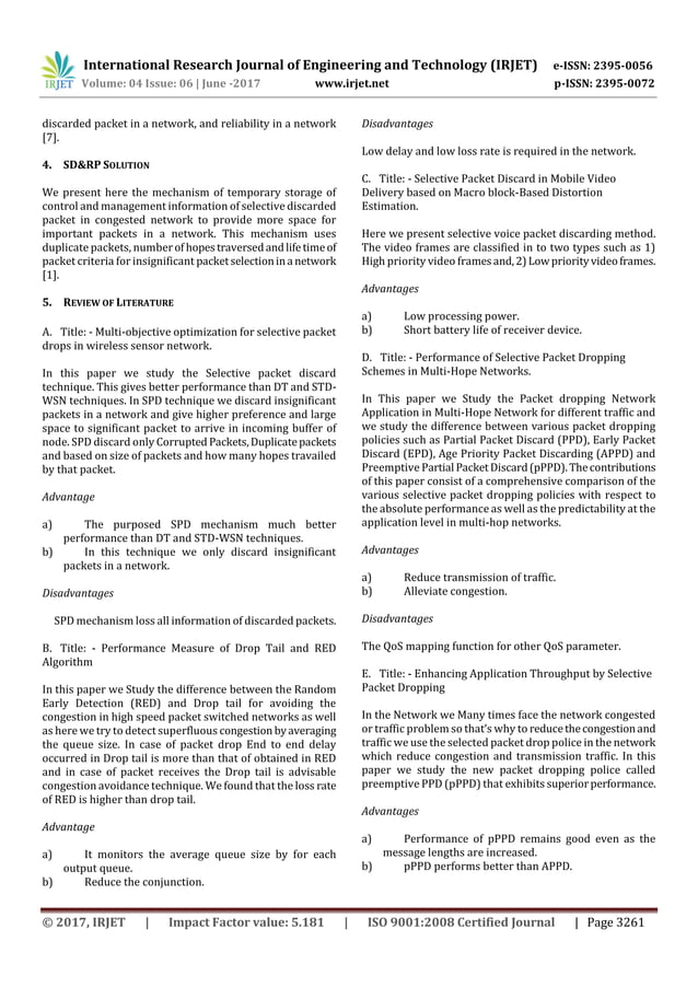 Irjet Survey Paper On Improving Qos By Selective Discard And Retransmission Of Packets In Wsn Pdf