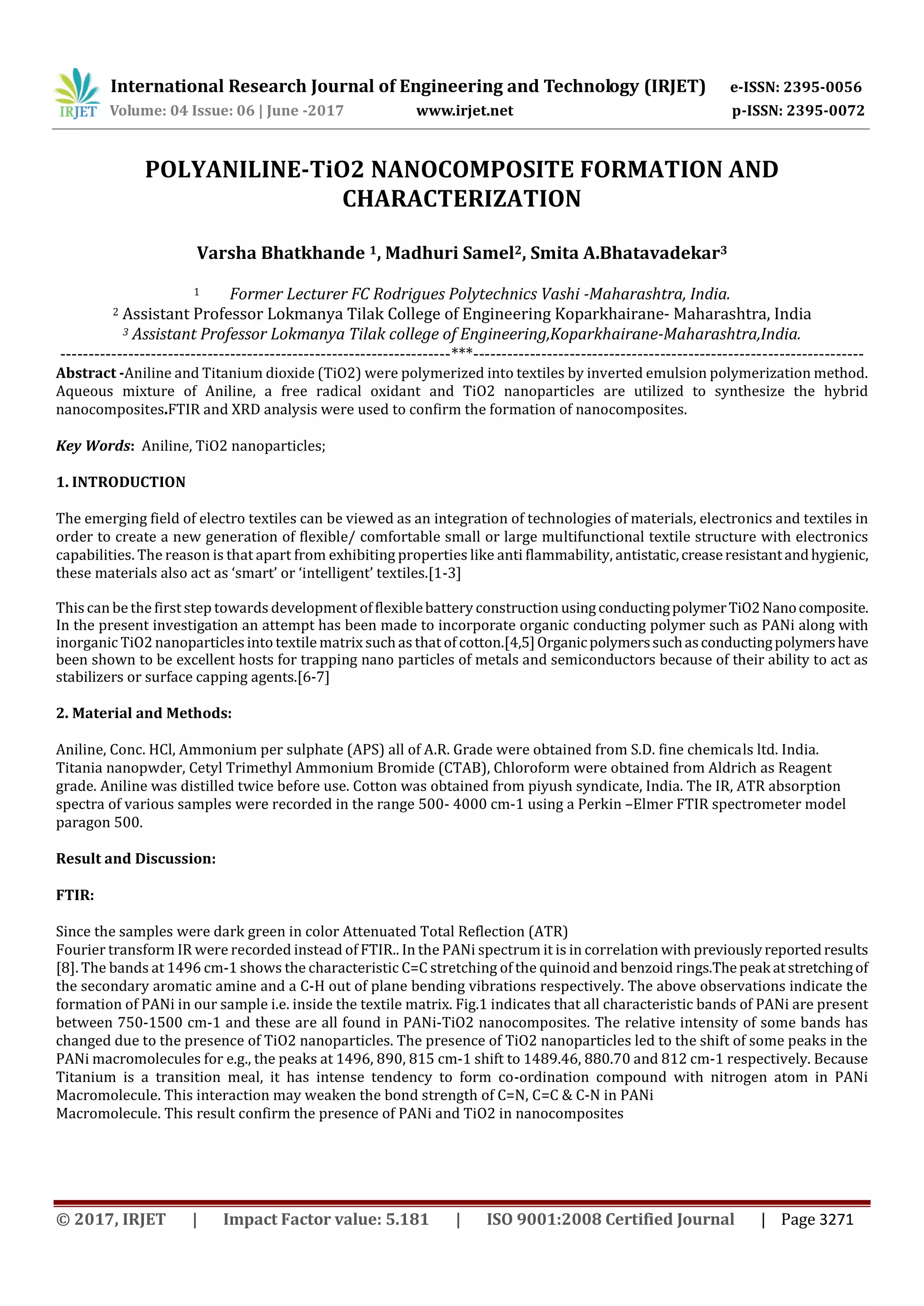 IRJET-Polyaniline-TIO2 Nanocomposite Formation and Characterization | PDF