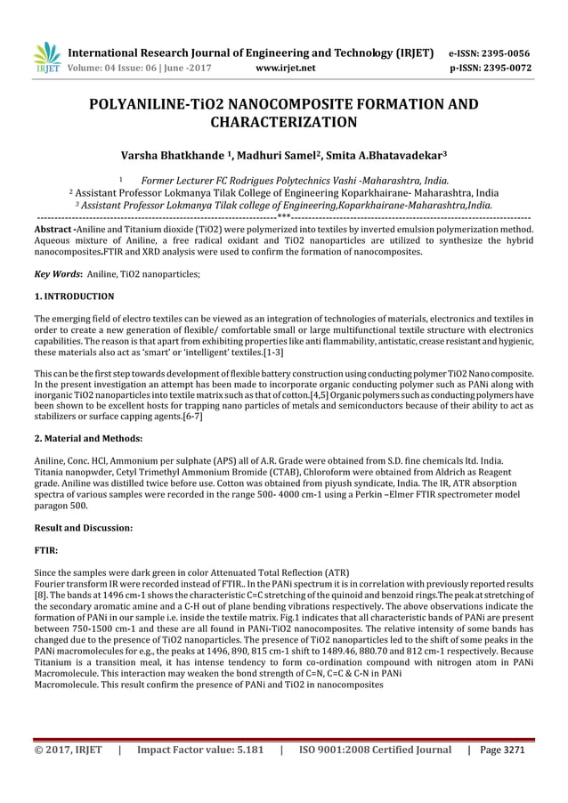 IRJET-Polyaniline-TIO2 Nanocomposite Formation and Characterization | PDF