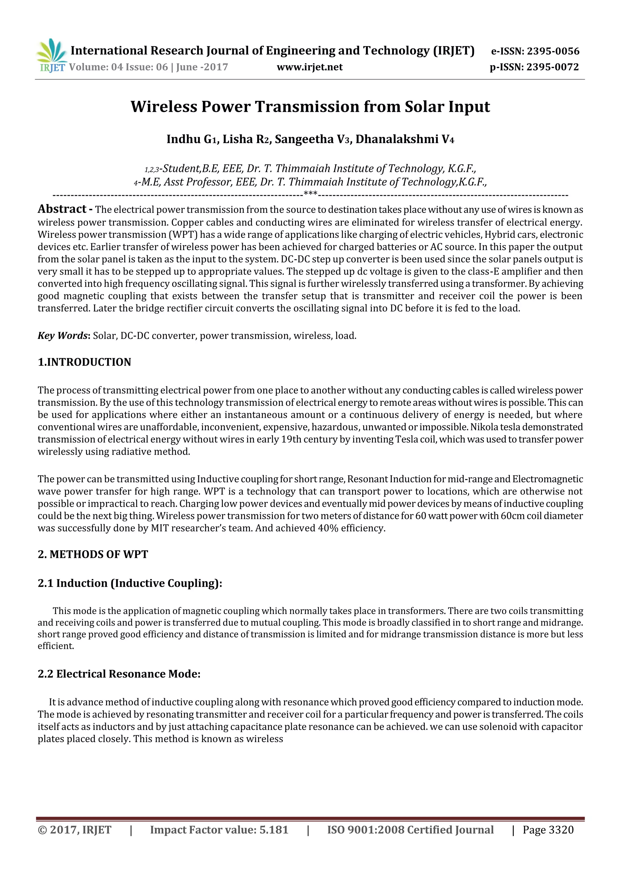 IRJET-Wireless Power Transmission from Solar Input | PDF