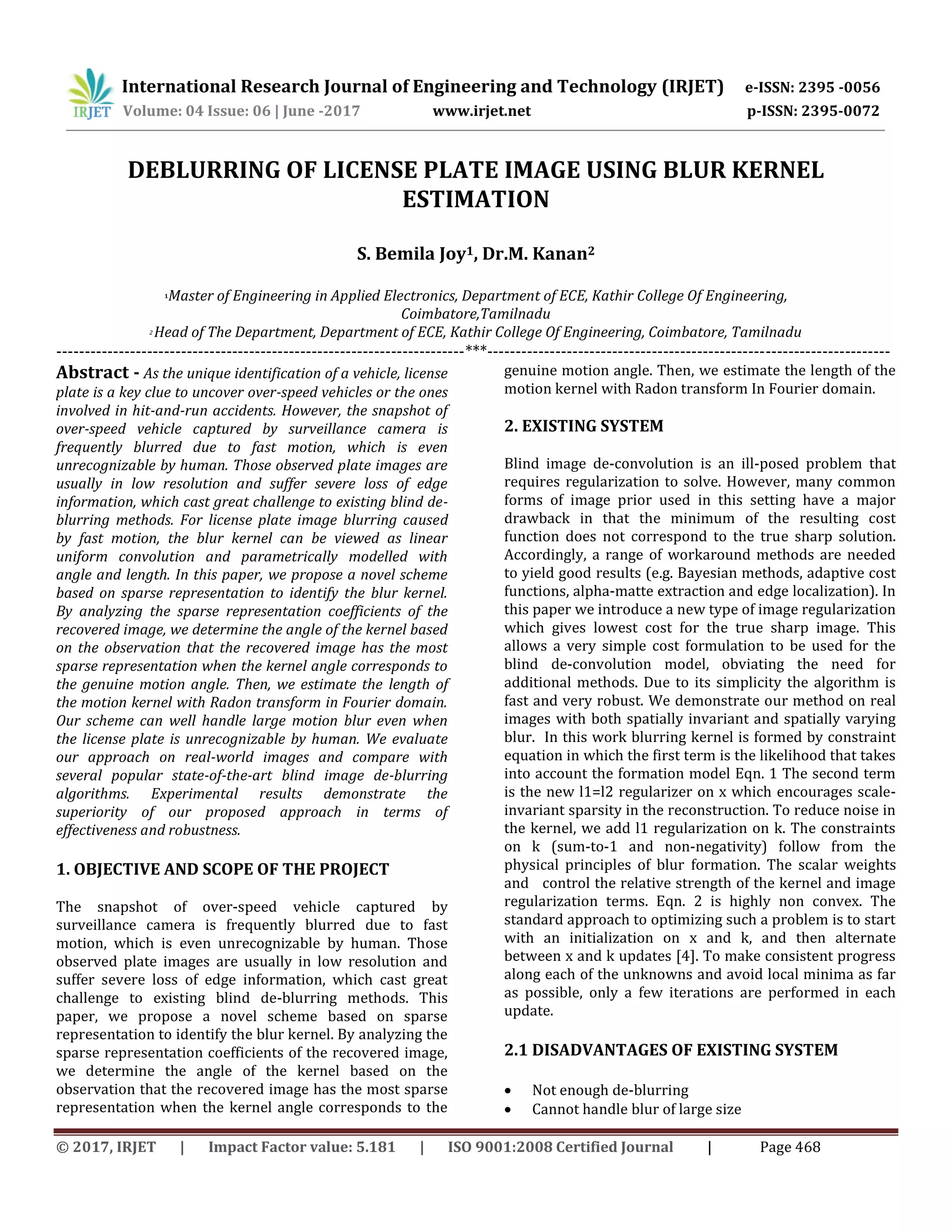 Deblurring Of License Plate Image Using Blur Kernel Estimation Pdf Photo Editing Software