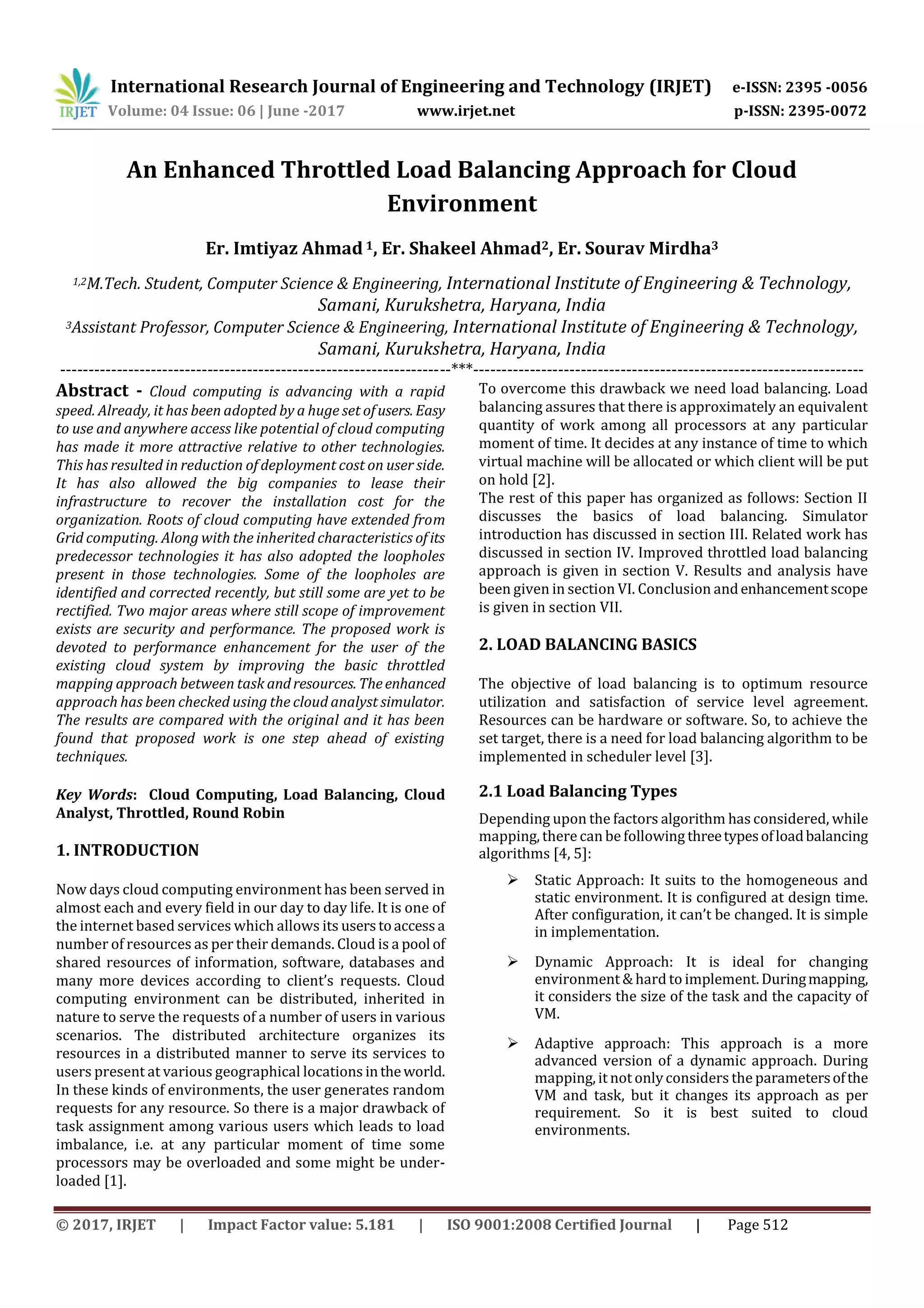 An Enhanced Throttled Load Balancing Approach For Cloud Environment Pdf