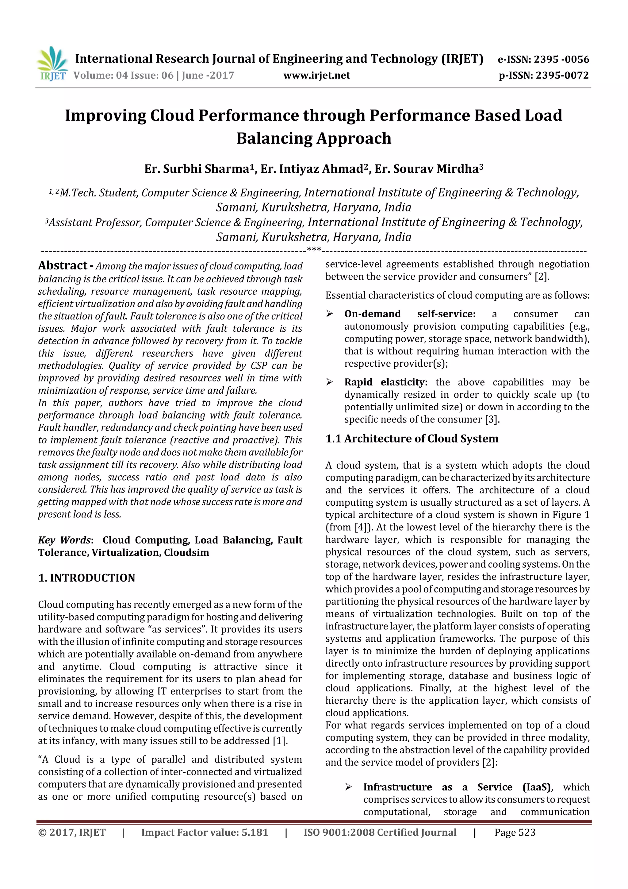 Improving Cloud Performance Through Performance Based Load Balancing