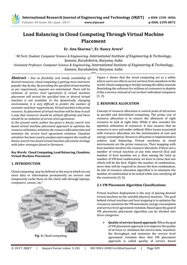 Load Balancing in Cloud Computing Through Virtual Machine Placement | PDF
