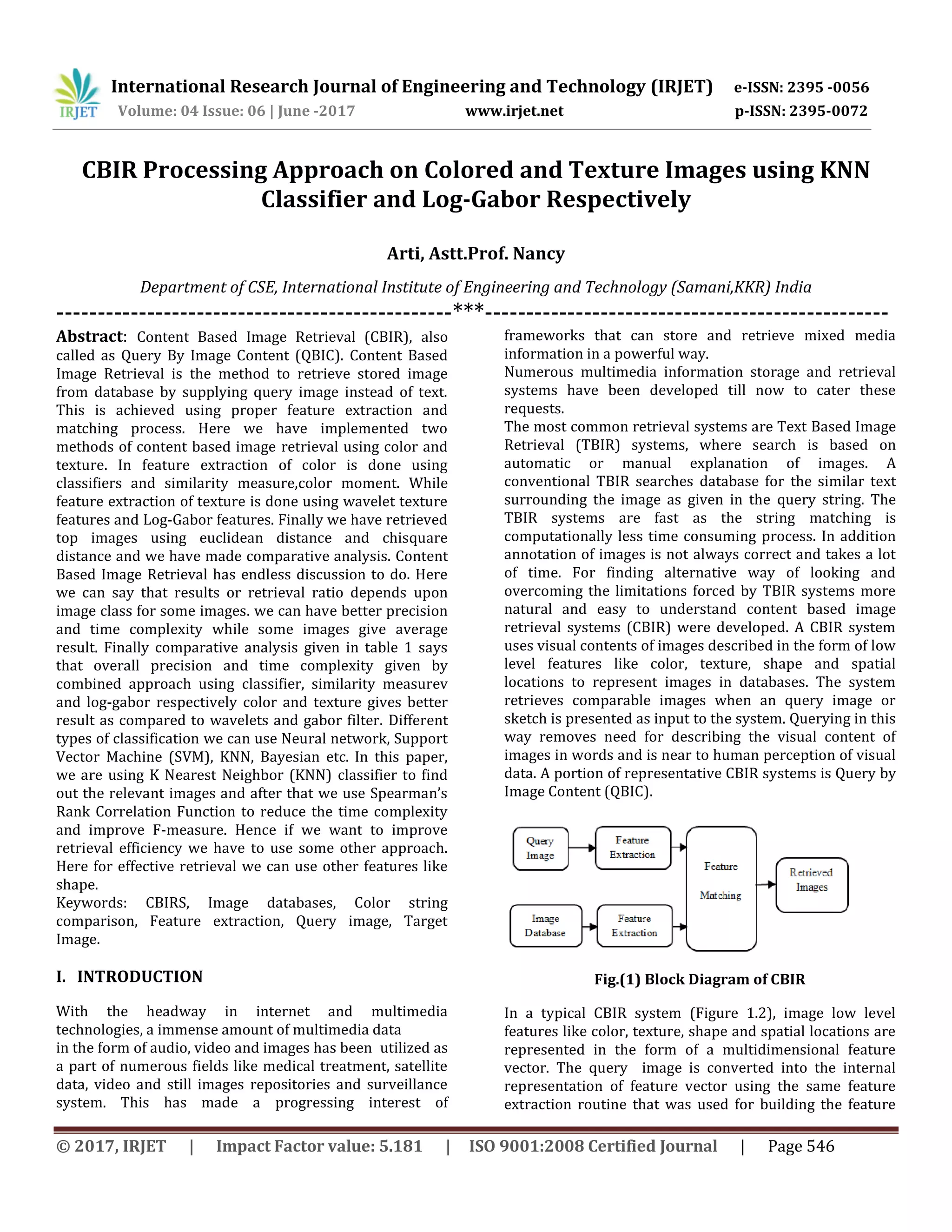 CBIR Processing Approach on Colored and Texture Images using KNN Classifier and Log-Gabor ...