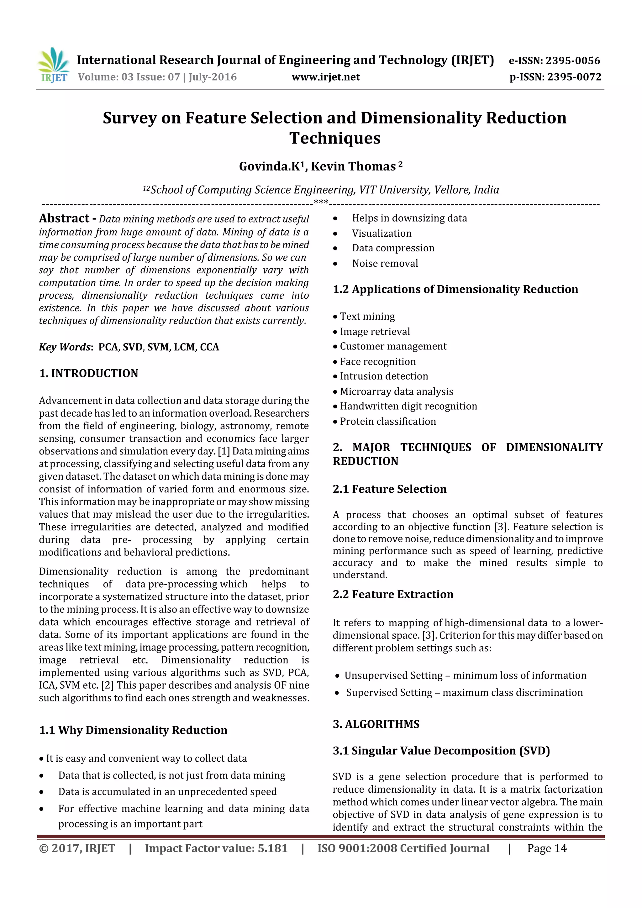 Survey On Feature Selection And Dimensionality Reduction Techniques Pdf
