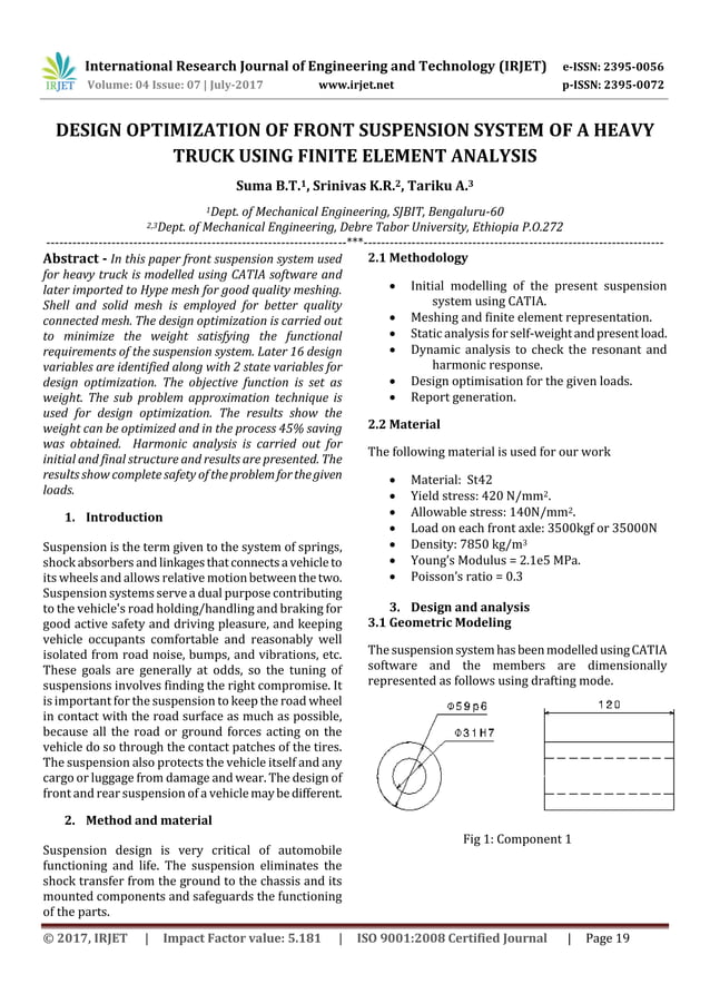 Design Optimization of Front Suspension System of a Heavy Truck using Finite Flement Analysis | PDF