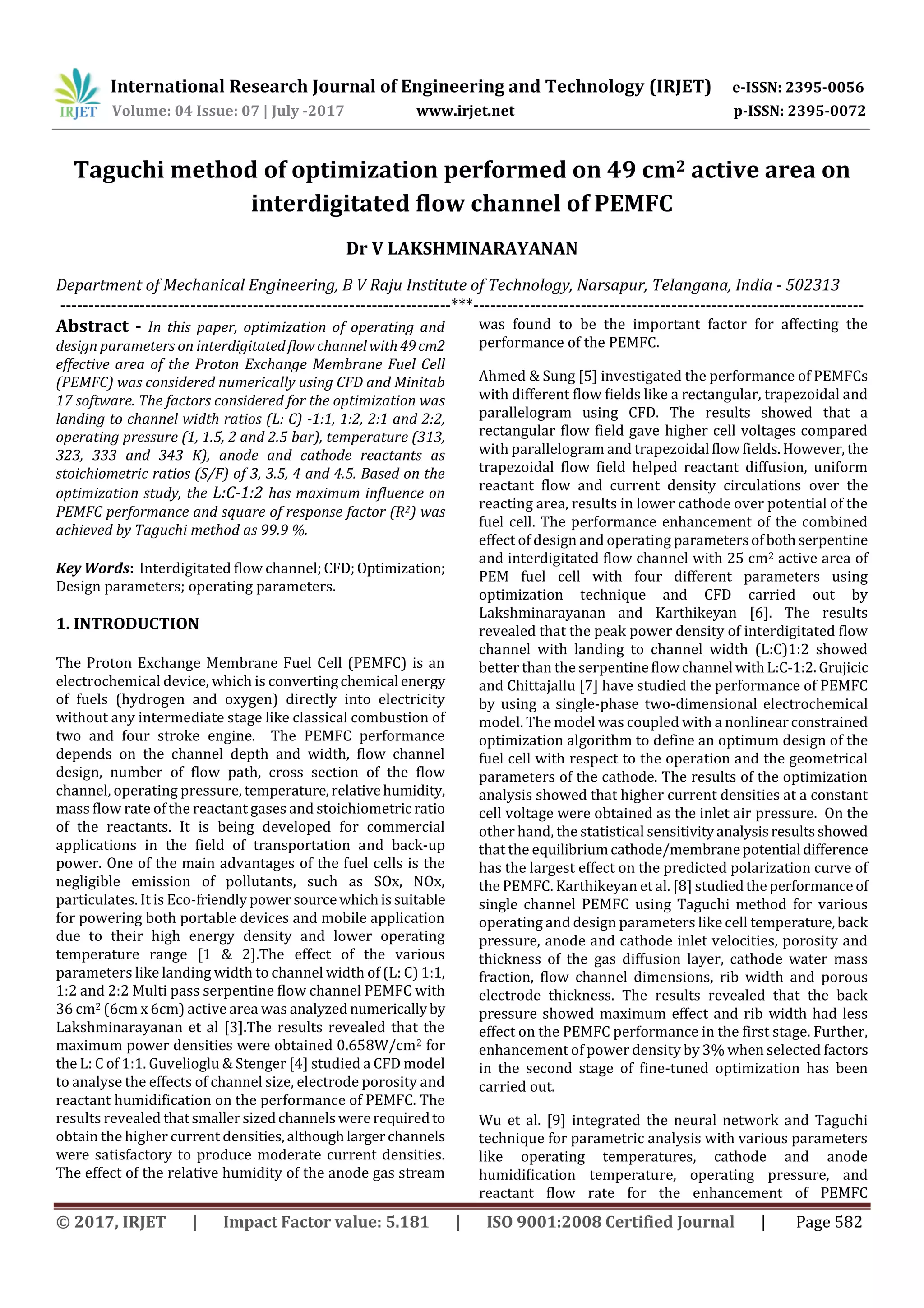 Taguchi Method of Optimization Performed on 49 cm2 Active Area on ...