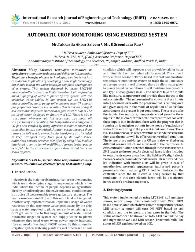 Automatic Crop Monitoring using Embedded System | PDF