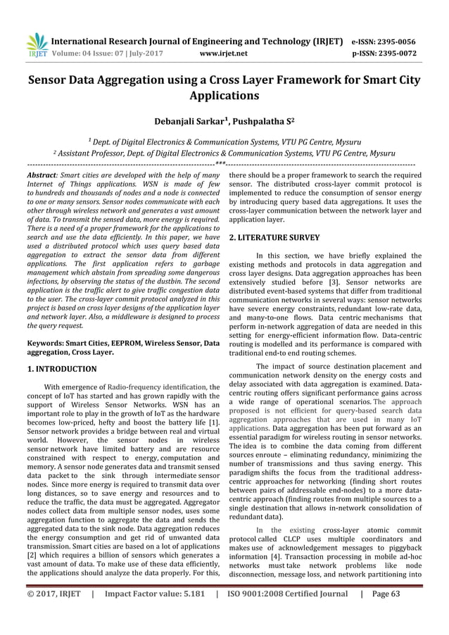 Sensor Data Aggregation using a Cross Layer Framework for Smart City Applications | PDF